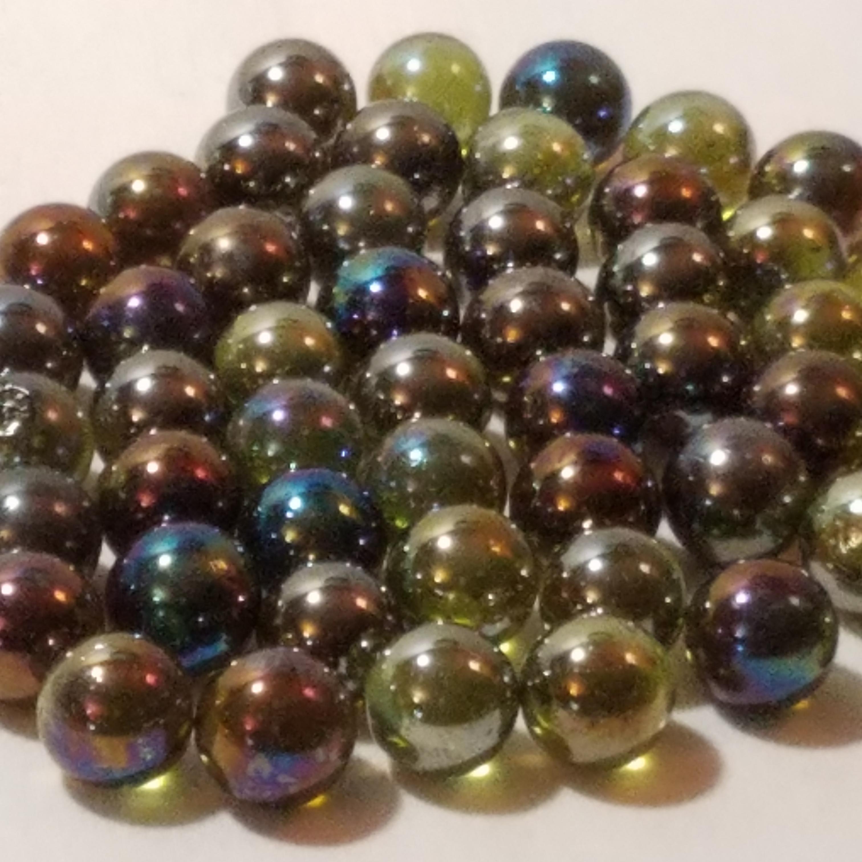 68. 50 Iridescent Marbles Rainbow, Clear, Reds, Blues Vintage