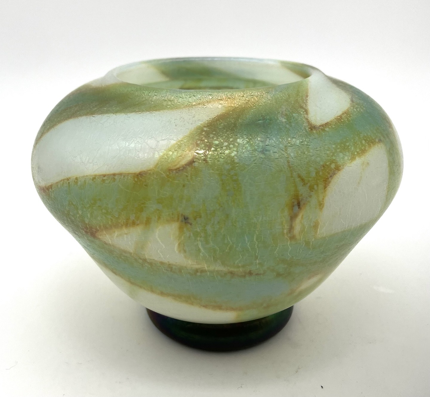 BIN - Green and White Art Glass Vase Signed Rusty Luttrell 1979
