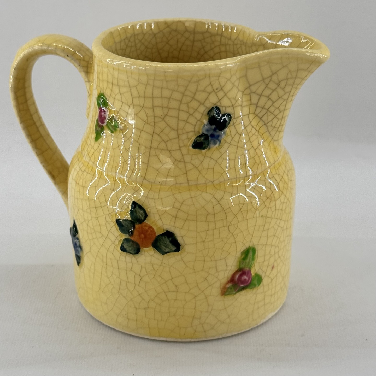 Vintage Japanese Pottery Pitcher Yellow W/ Flowers Crackle Glaze 4.5" Tall
