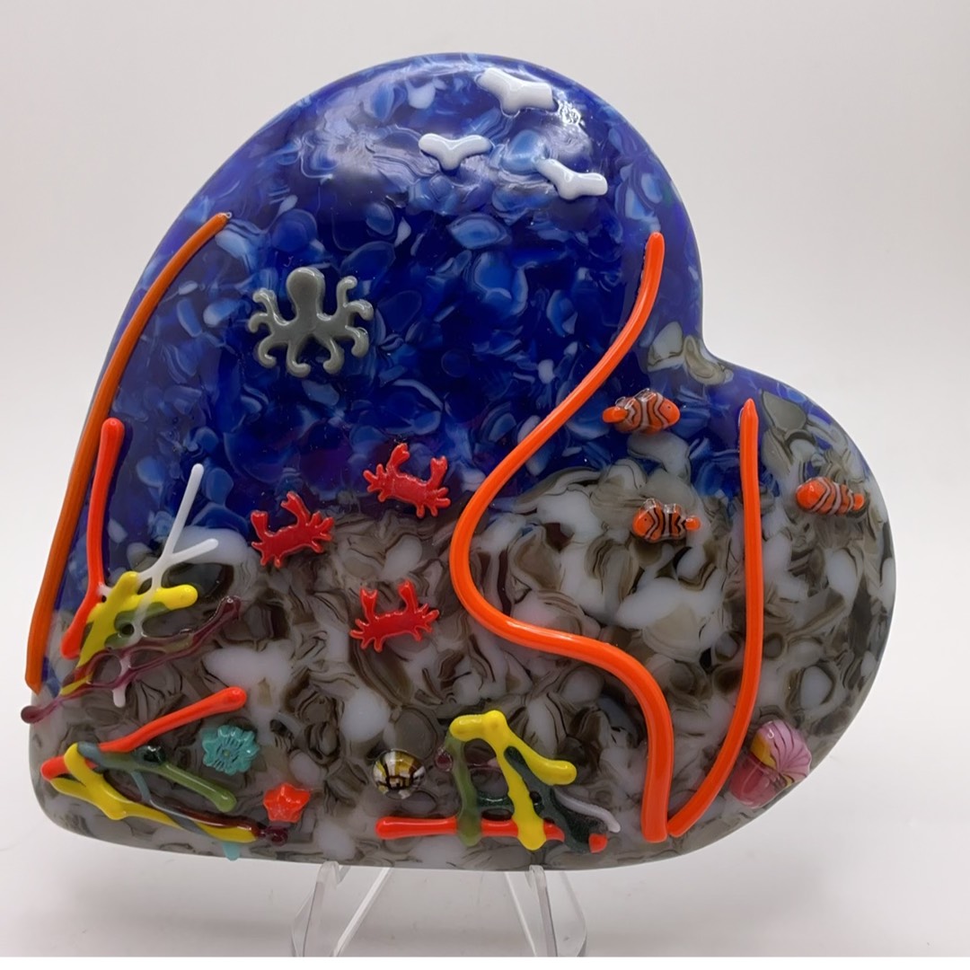 SIG Made by Me! Fused Glass 5" Heart Paperweight 3D Ocean Theme ...