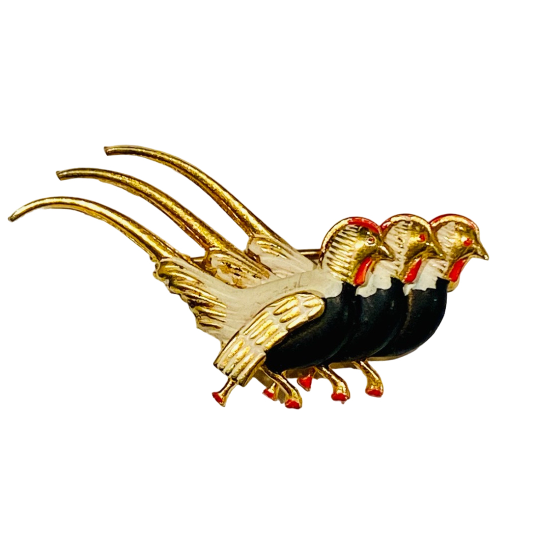 Vintage Damascene Layered 3 Quail Brooch Pin Goldtone Brooch