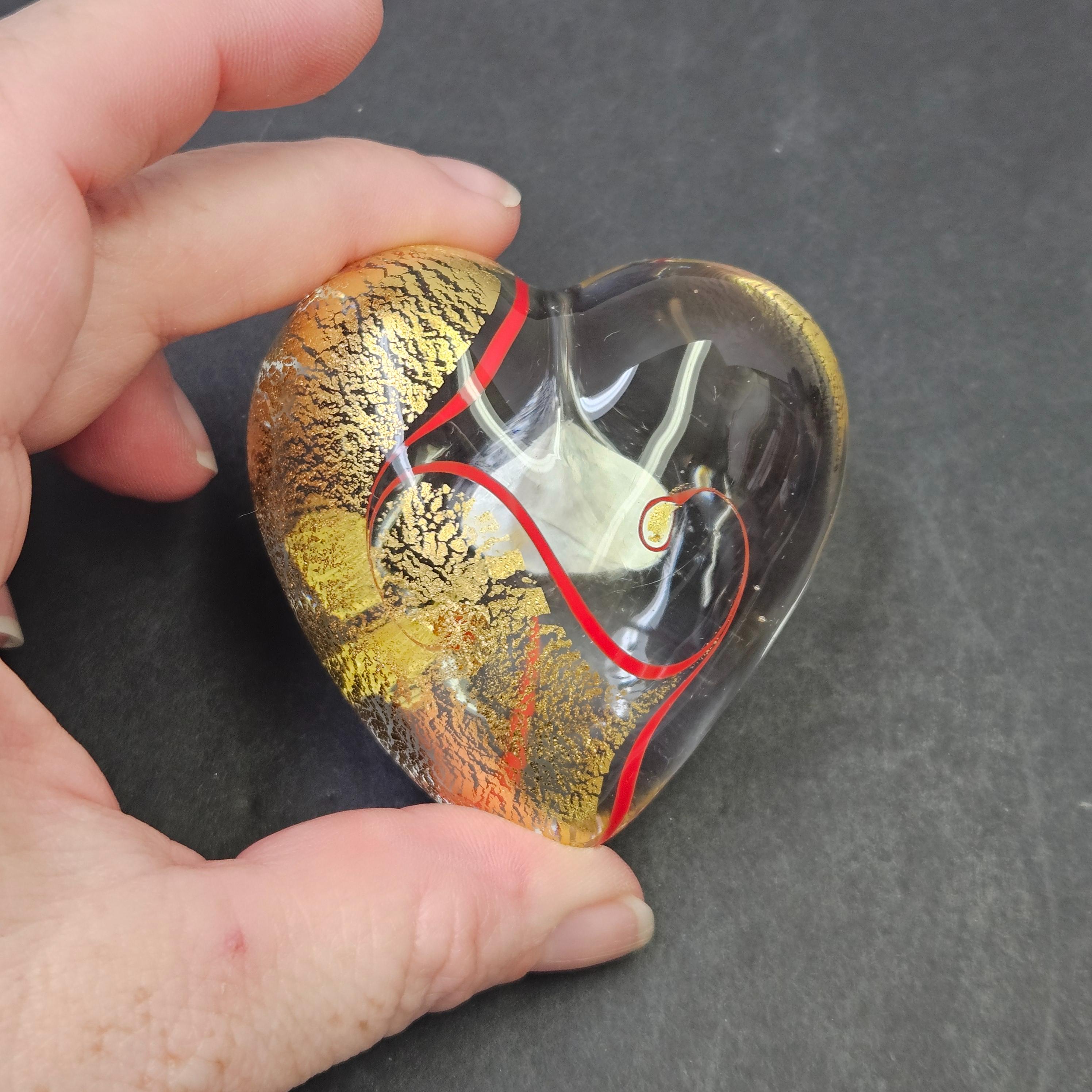 009 Robert Held Art Glass Heart Paperweight Gold & Red Vine Original ...