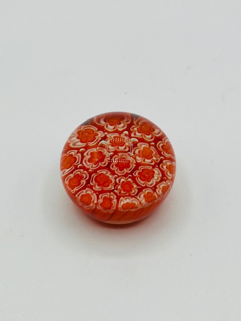 Small Vintage Glass Paperweight With Orange And White Millefiori
