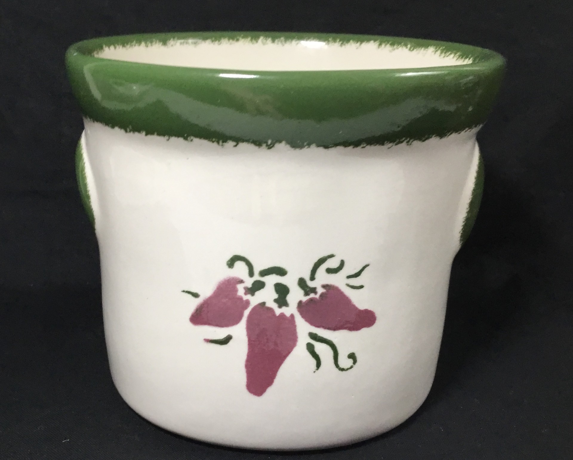 Ceramic crock, B & B pottery, small, white, green trim, chile peppers