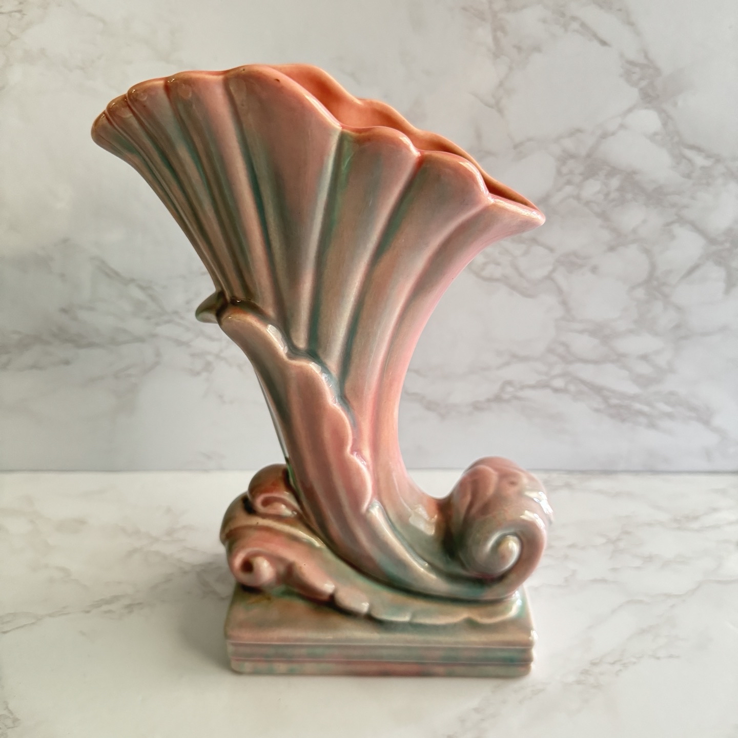 Vintage McCoy Pottery Cornucopia Vase Pink & Dusty Blue