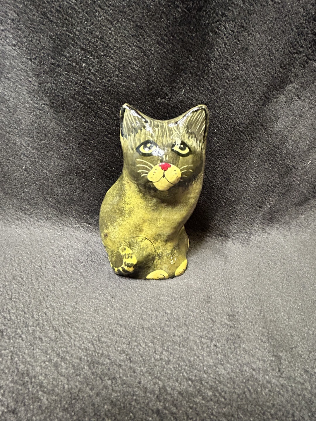 Vintage Paper Mache Cat Green And Yellow 4 x 2.5" Hand Painted Folk Art