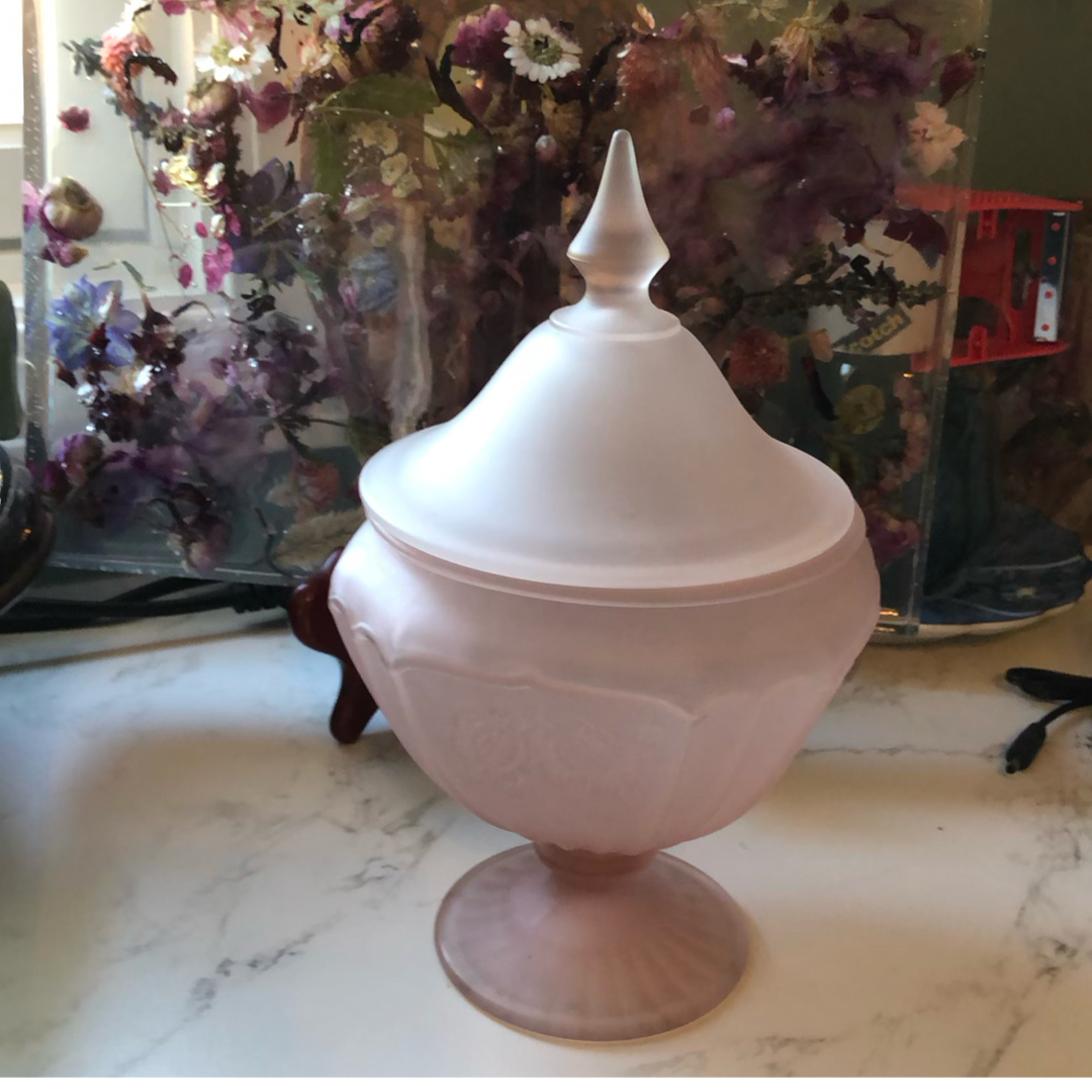 Vintage Pink Frosted Glass Candy Dish with Lid