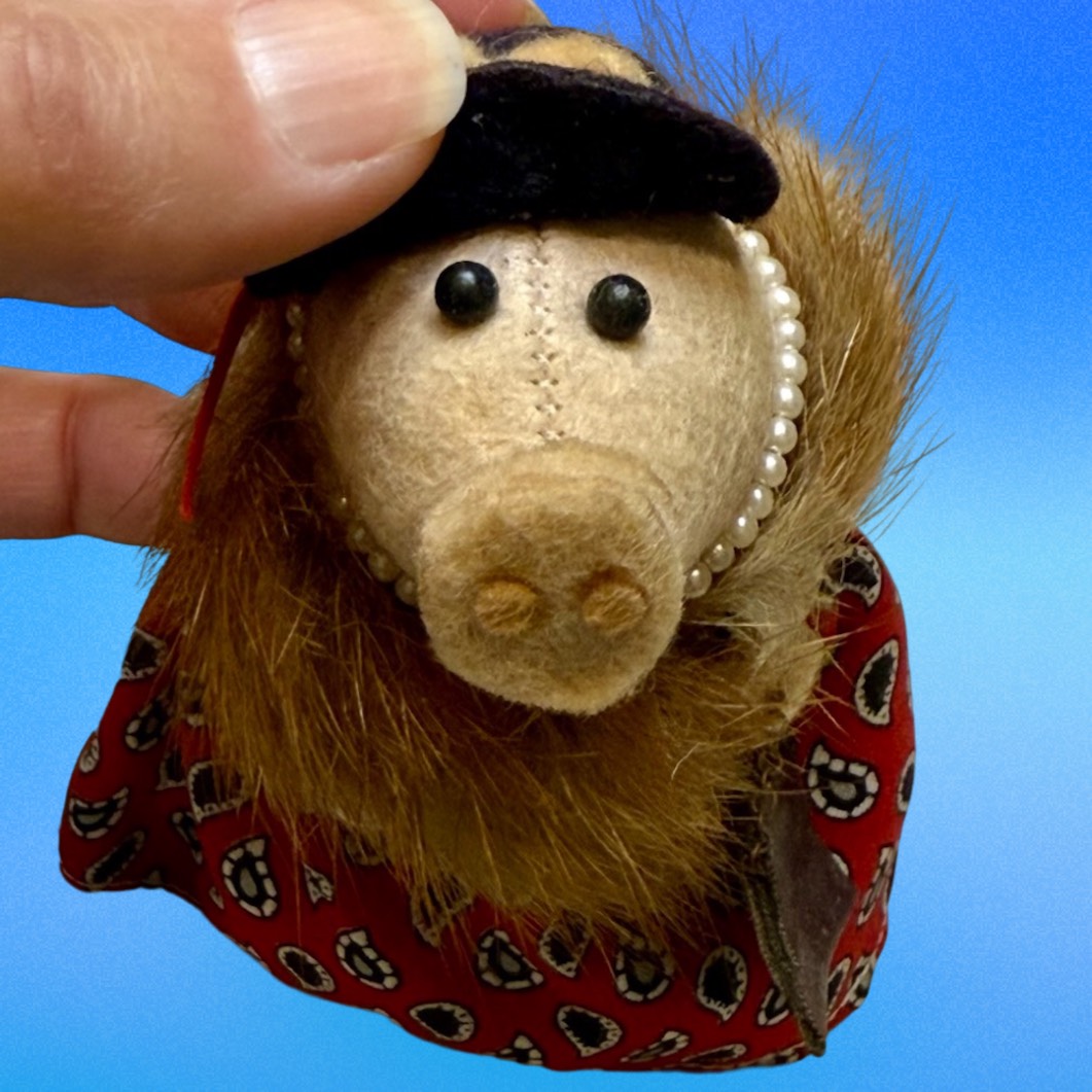 Vintage Handmade Felted Pig w/ Genuine Mink Fur & Faux Pearl Necklace
