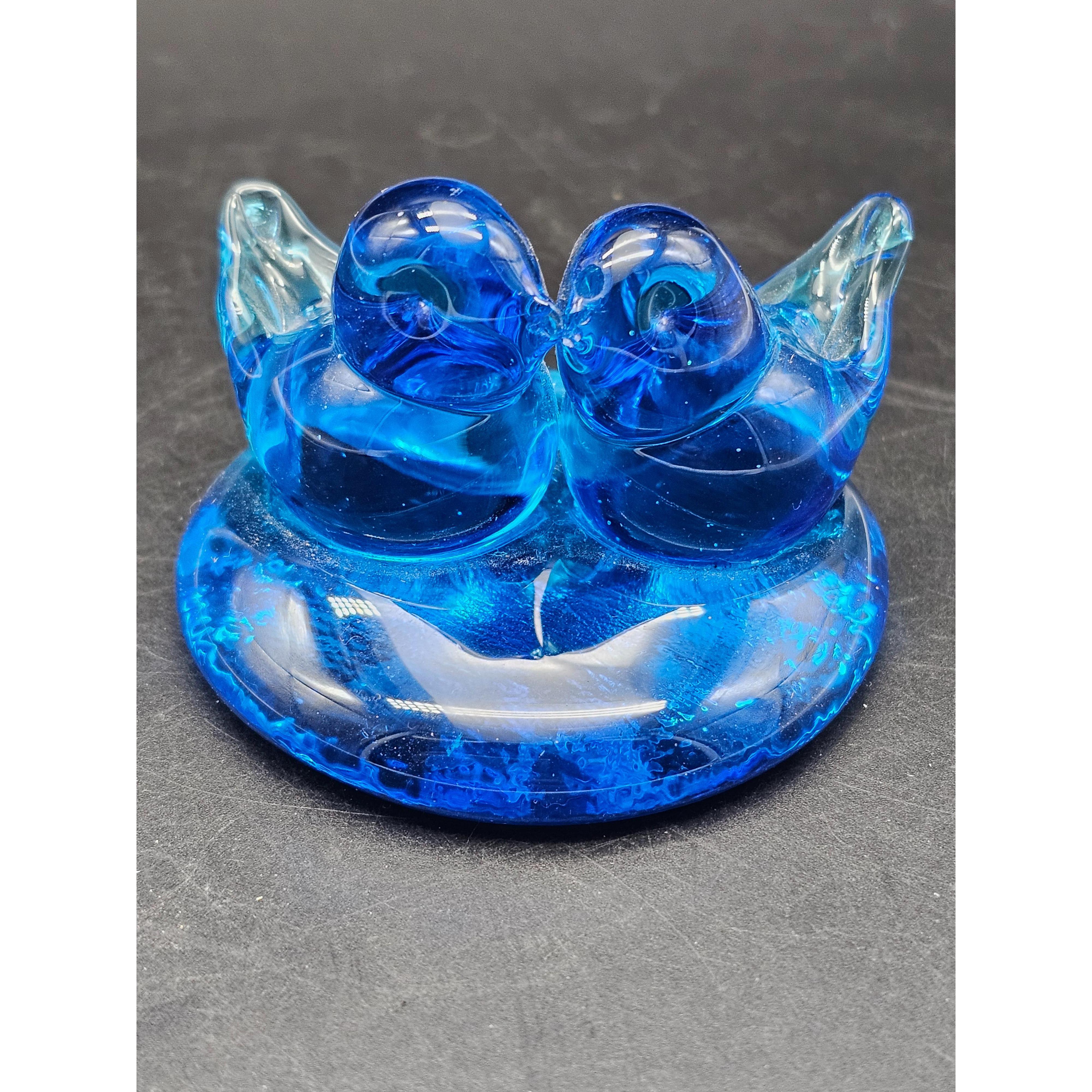 Vtg Gene Center Glass Blue Birds Love Birds Paperweight Signed Glows
