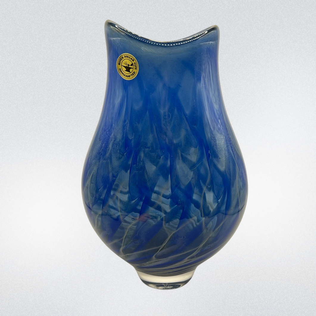 Blue Swirl Blown Glass Vase Silver Dollar City Handcrafted And Signed 8.5”