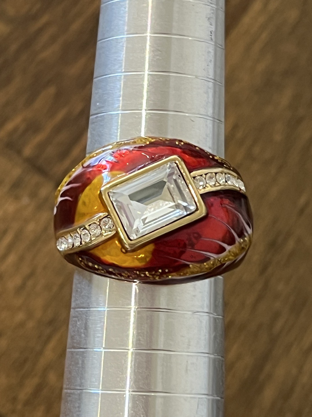 Vintage Artisan Red Enamel Gold Tone Cocktail Ring Size 9
