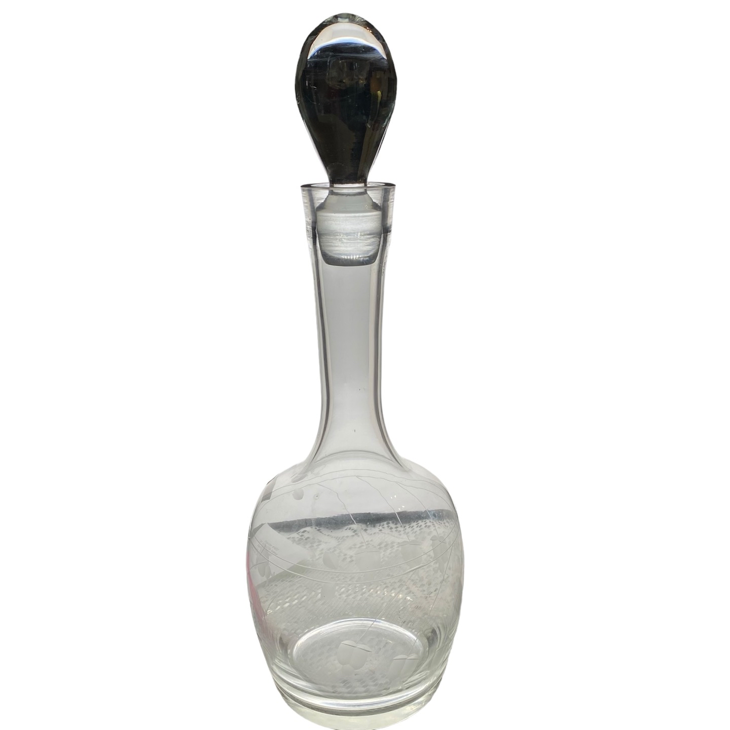 Vintage Hand Made Etched Floral wine Decanter w Stopper barware