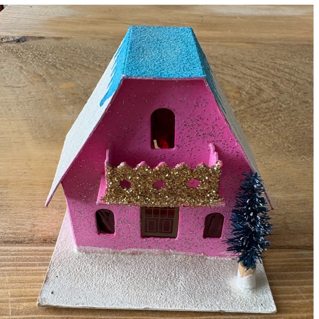 Vintage Pink Putz House Japan Mica Glitter Brush Tree