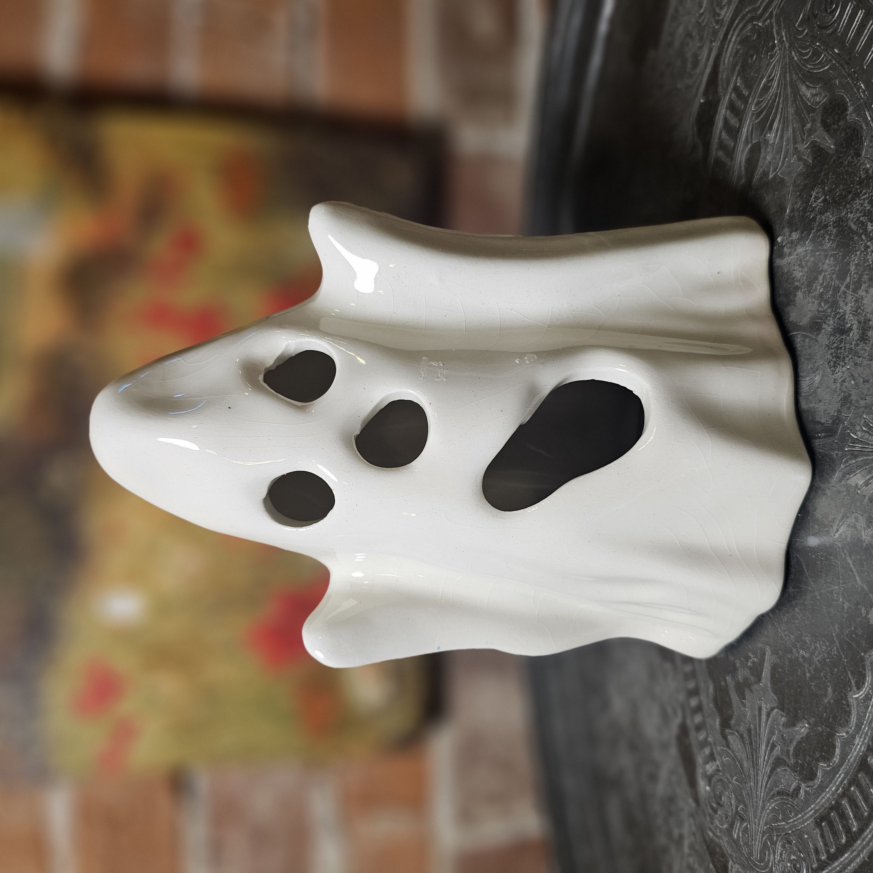 Large Vintage Ceramic Ghost Halloween Luminary White Open Mouth Glazed 11