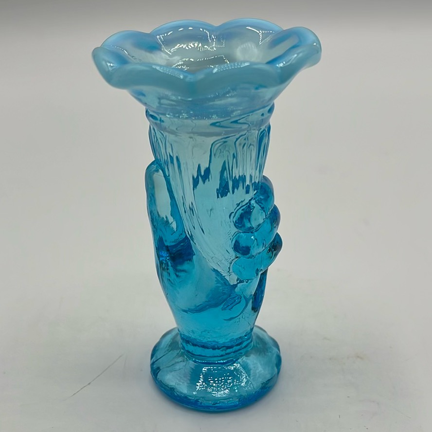 Blue Opalescent Fenton Glass Mini Hand Vase