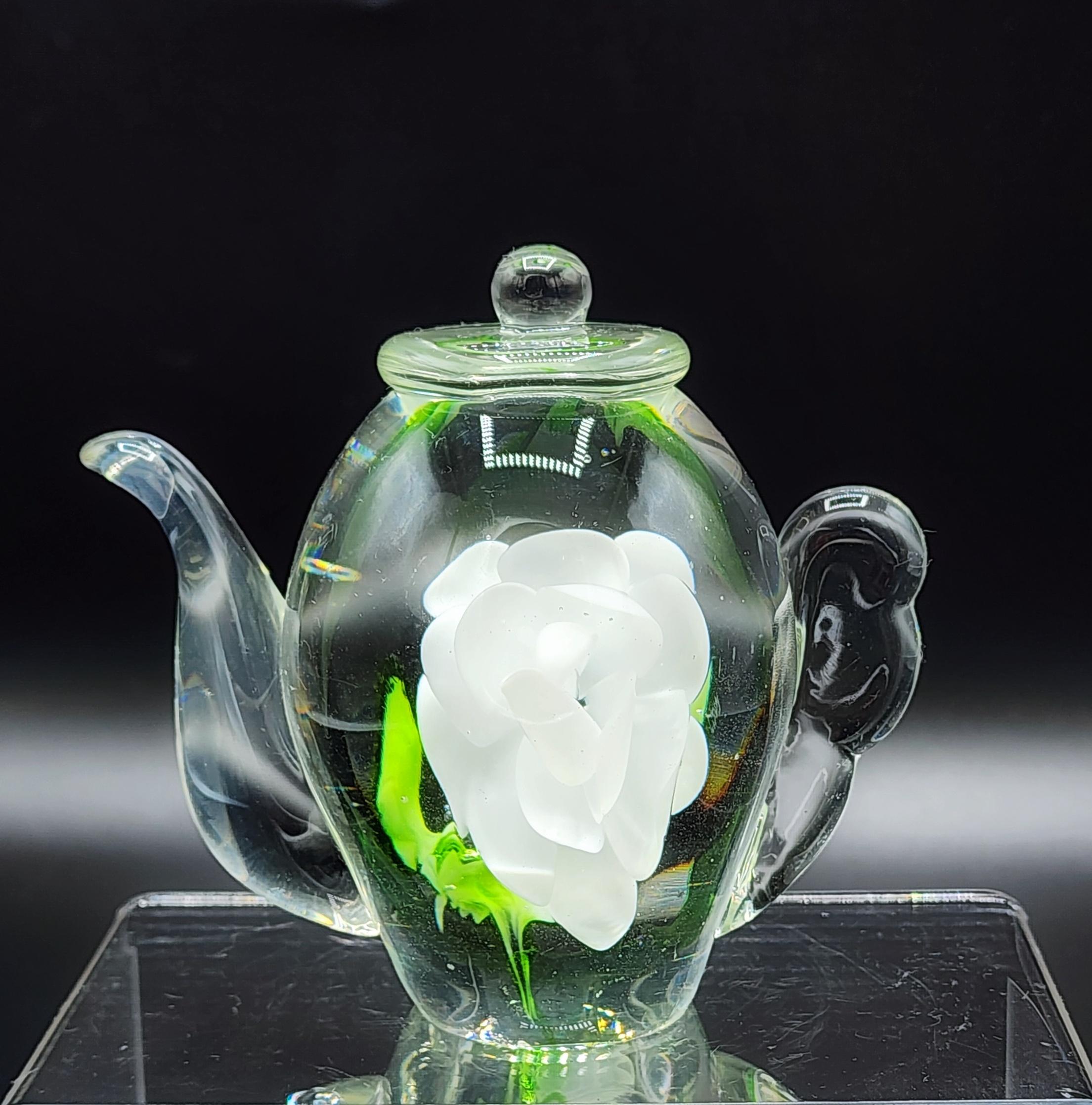 045 Vintage Teapot Flower Glass Paperweight 4"