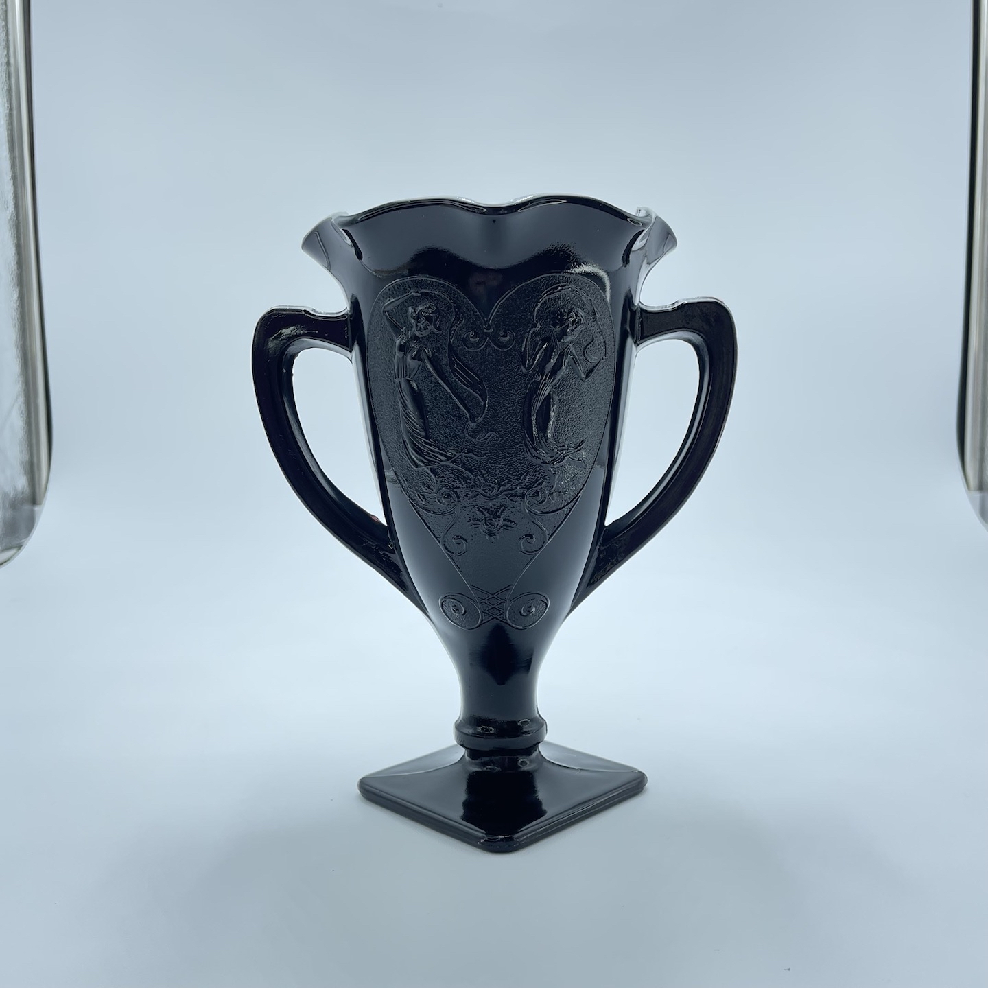 Art Deco LE Smith Black Amethyst Glass Dancing Nymphs Trophy Vase Chalice