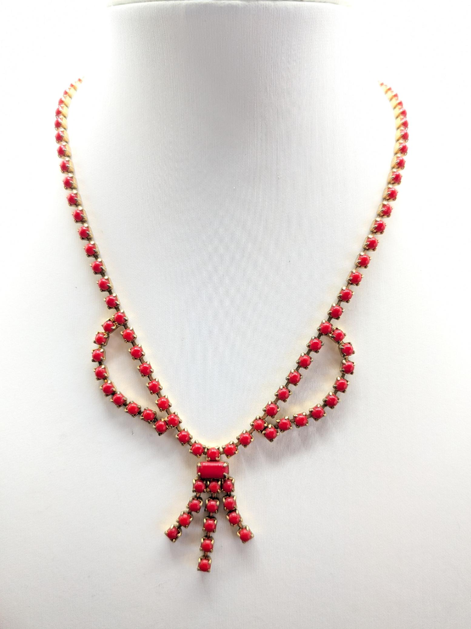 Vintage Red Rhinestone Necklace with Tassel Gold Tone