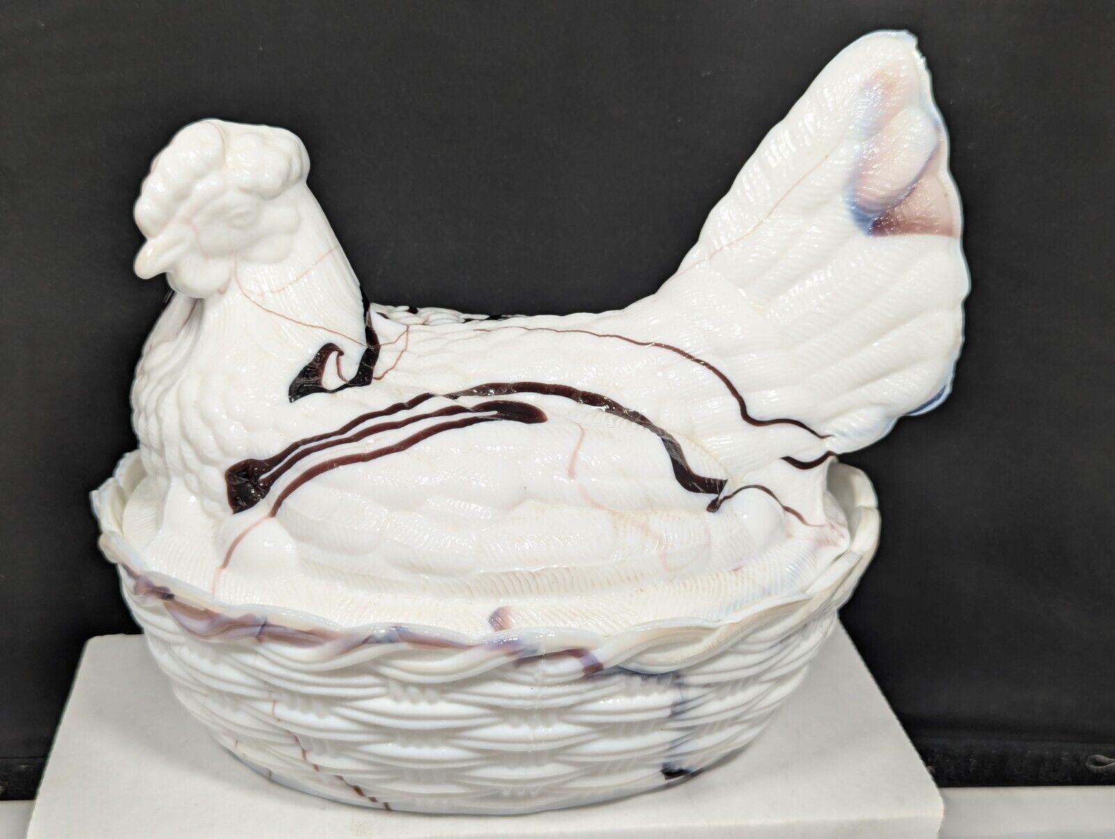 Vintage Large Covered Slag Glass Chicken On Nest Dish NICE