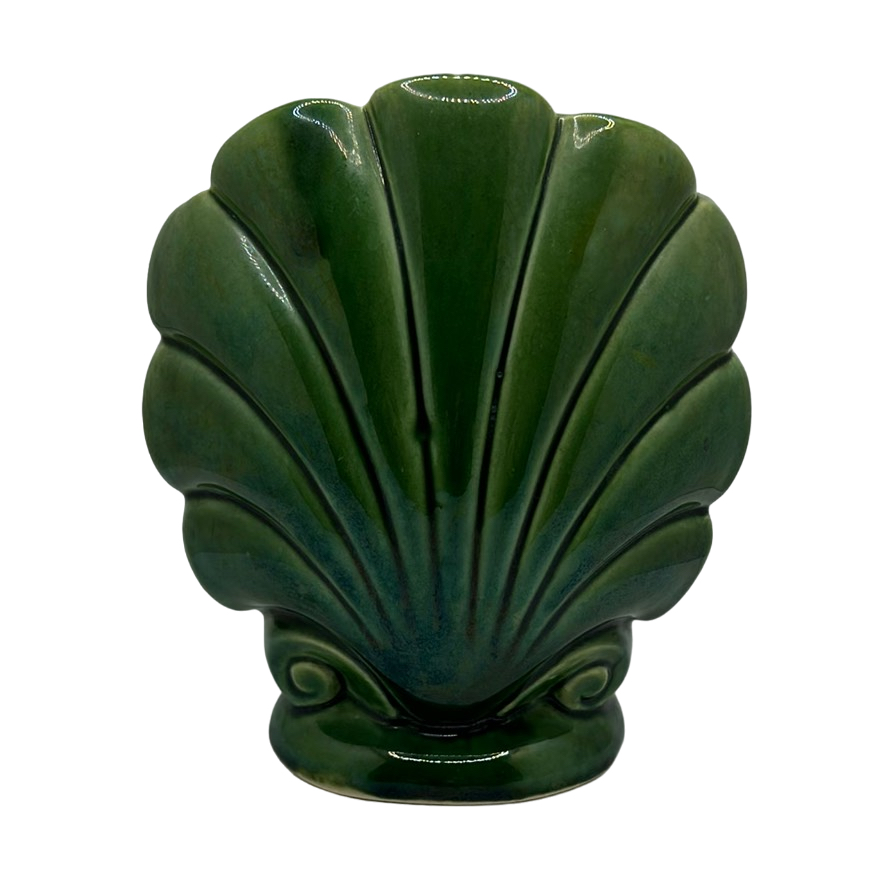 Vintage Art Deco Seashell Fan Vase Emerald Green Glaze