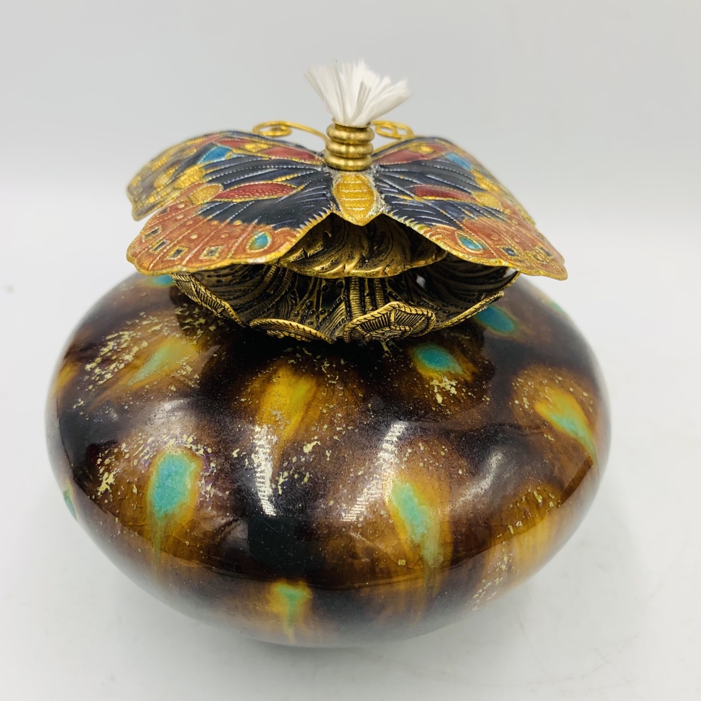 34. Mexico Pottery Oil Diffuser Lamp With Metal Butterfly Filagree Topper
