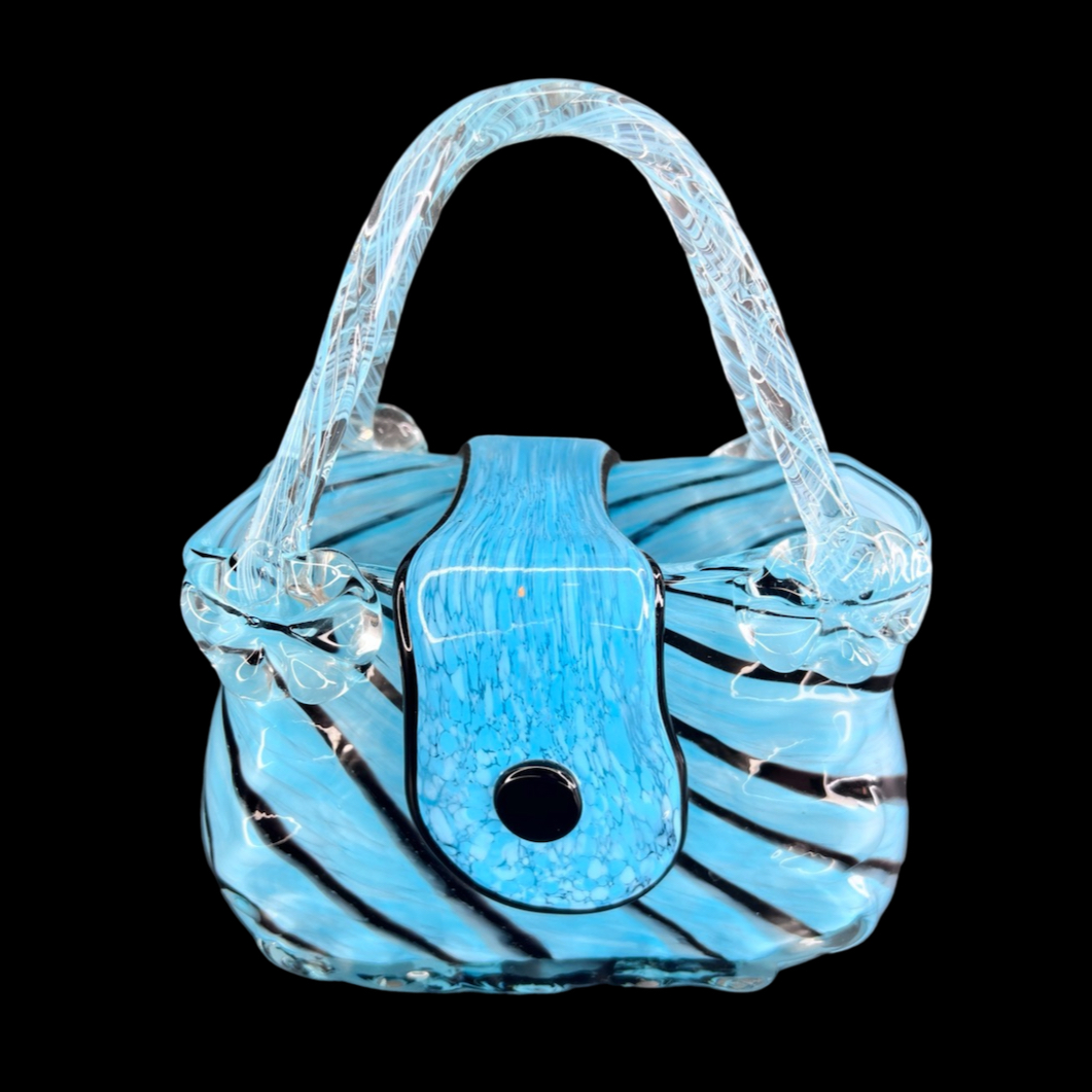 Murano Style Glass Blue Swirl Purse Vase with Strap (5760)