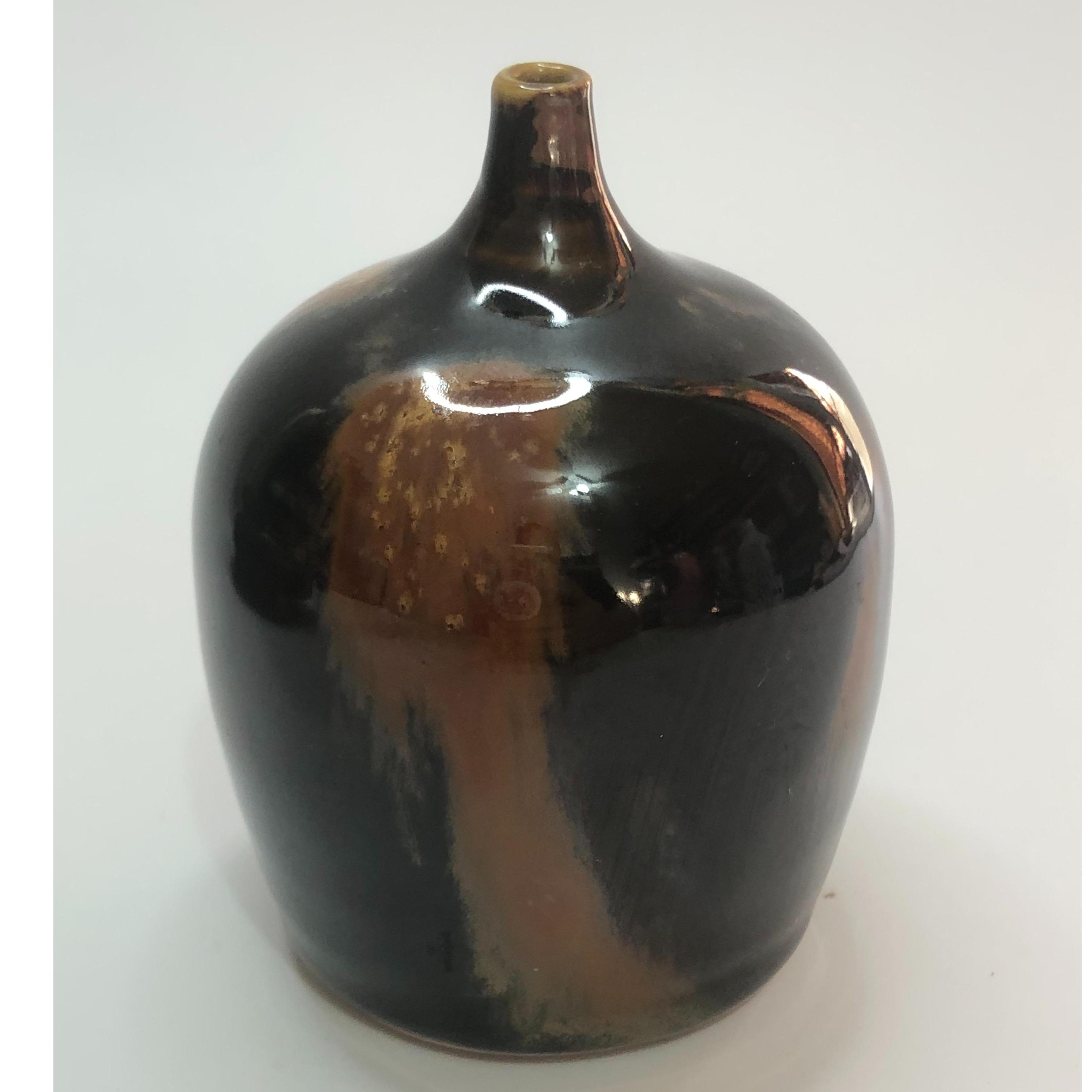 Jensen Turnage Small Art Pottery Weed Pot Bud Vase Glossy Brown Signed