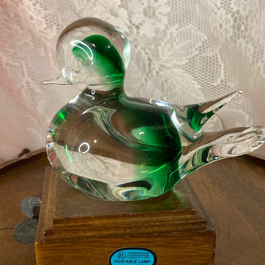 Art Glass Hand Blown Duck Paperweight Clear w/ Green, 4x5x2