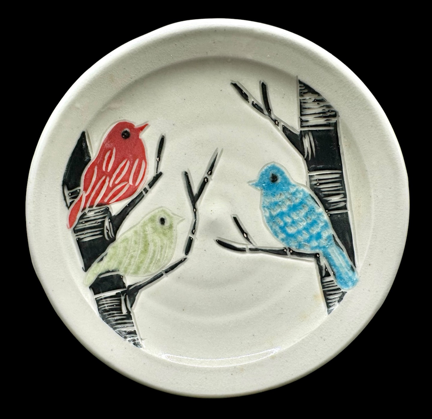 08 Studio Art Pottery Sgraffito Bird Plate Red Green Blue Black White ...