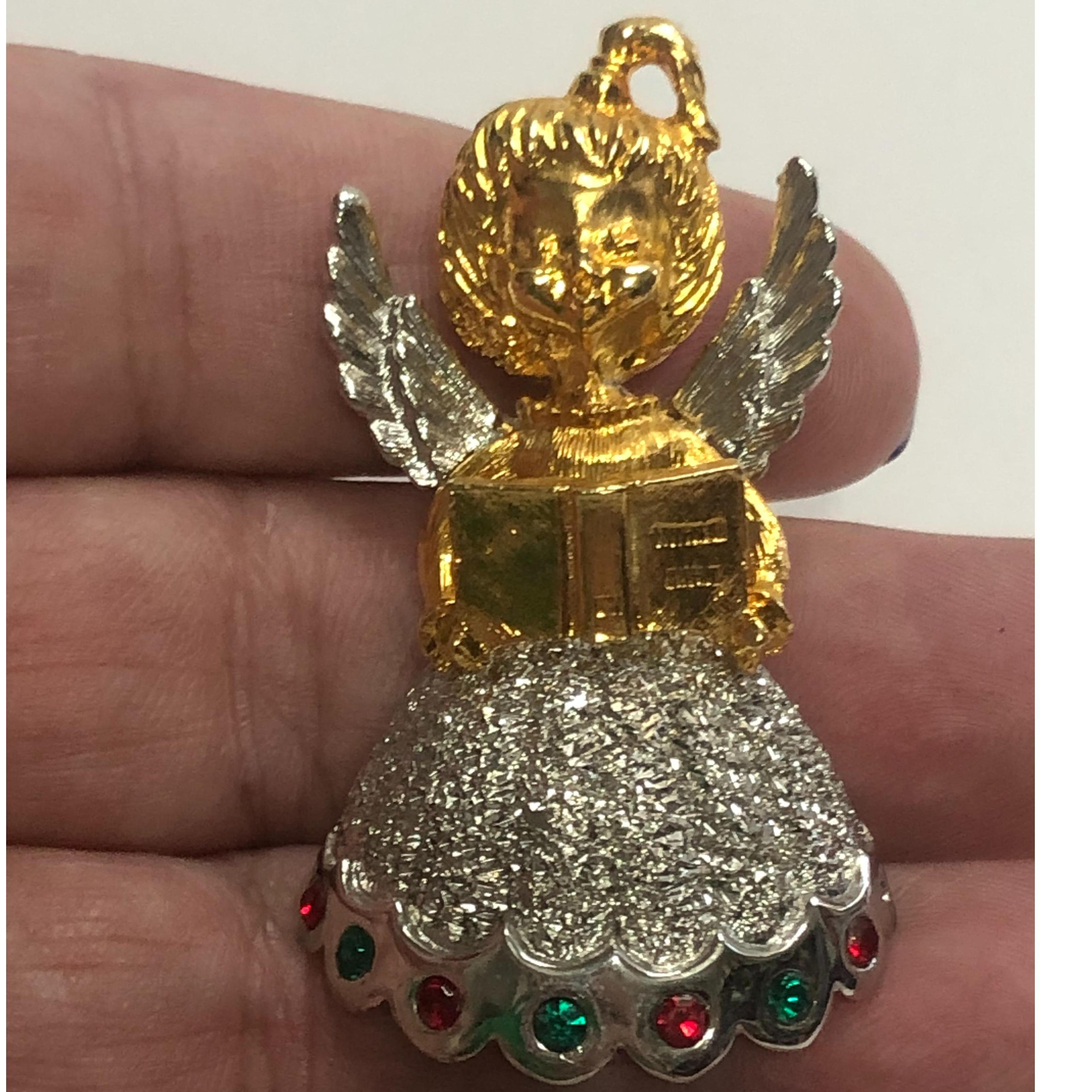 Vintage Tancer II Christmas Angel Brooch Pin Two Tone Rhinestones