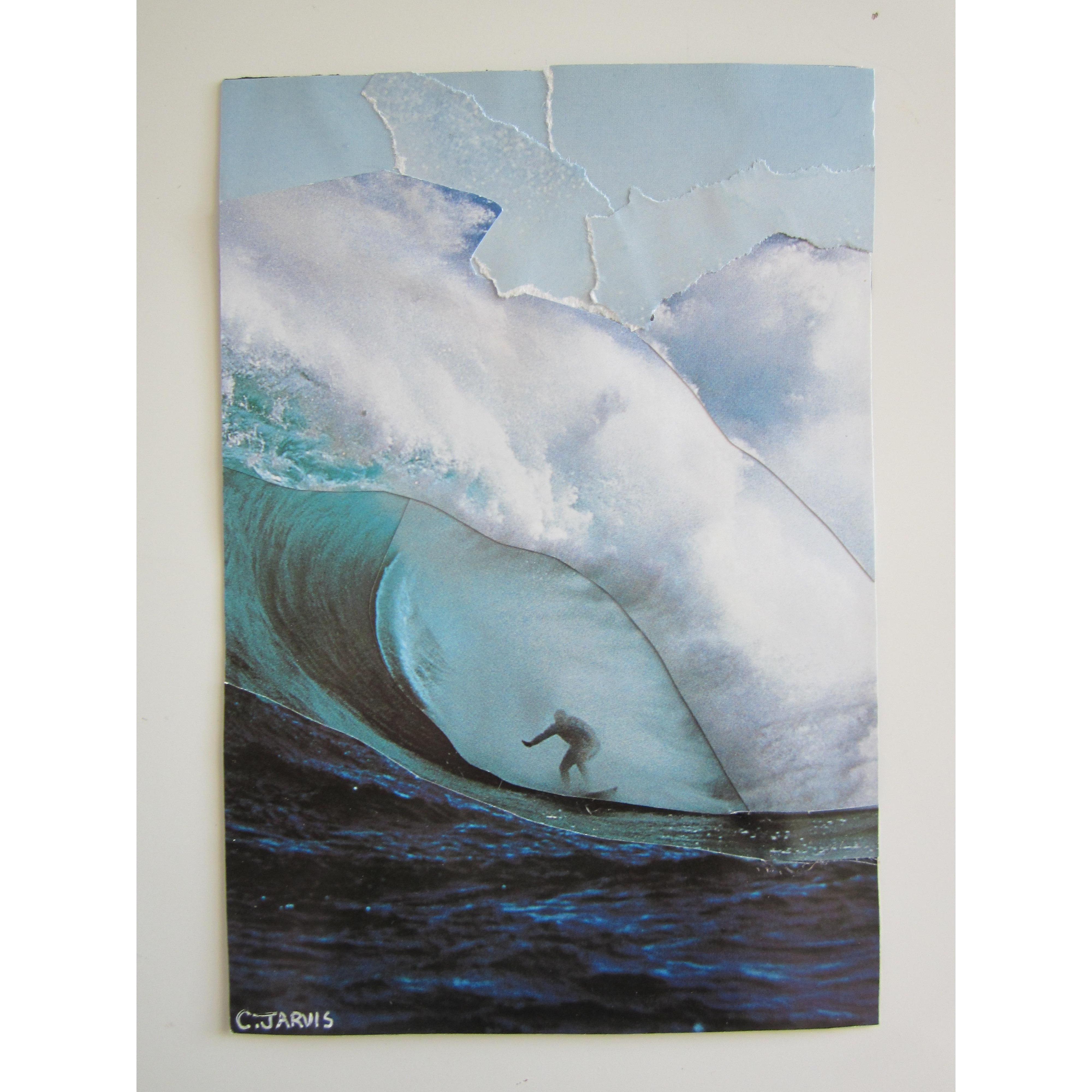 "Surfer Wave Tubing" paper collage - postcard size 4" x 6"