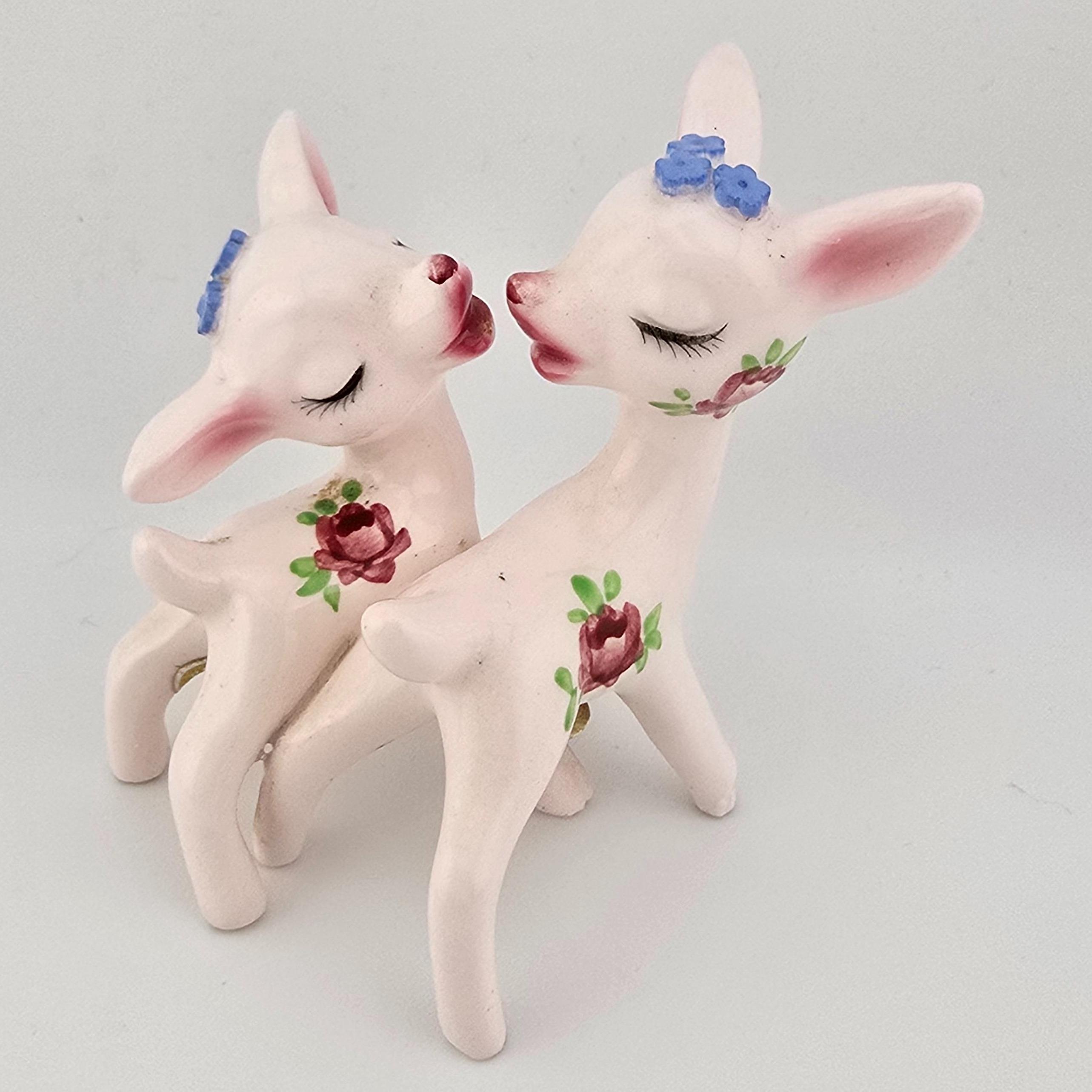 Rare Vintage Miayo Joined Pink Kissing Deer Salt and Pepper Shakers