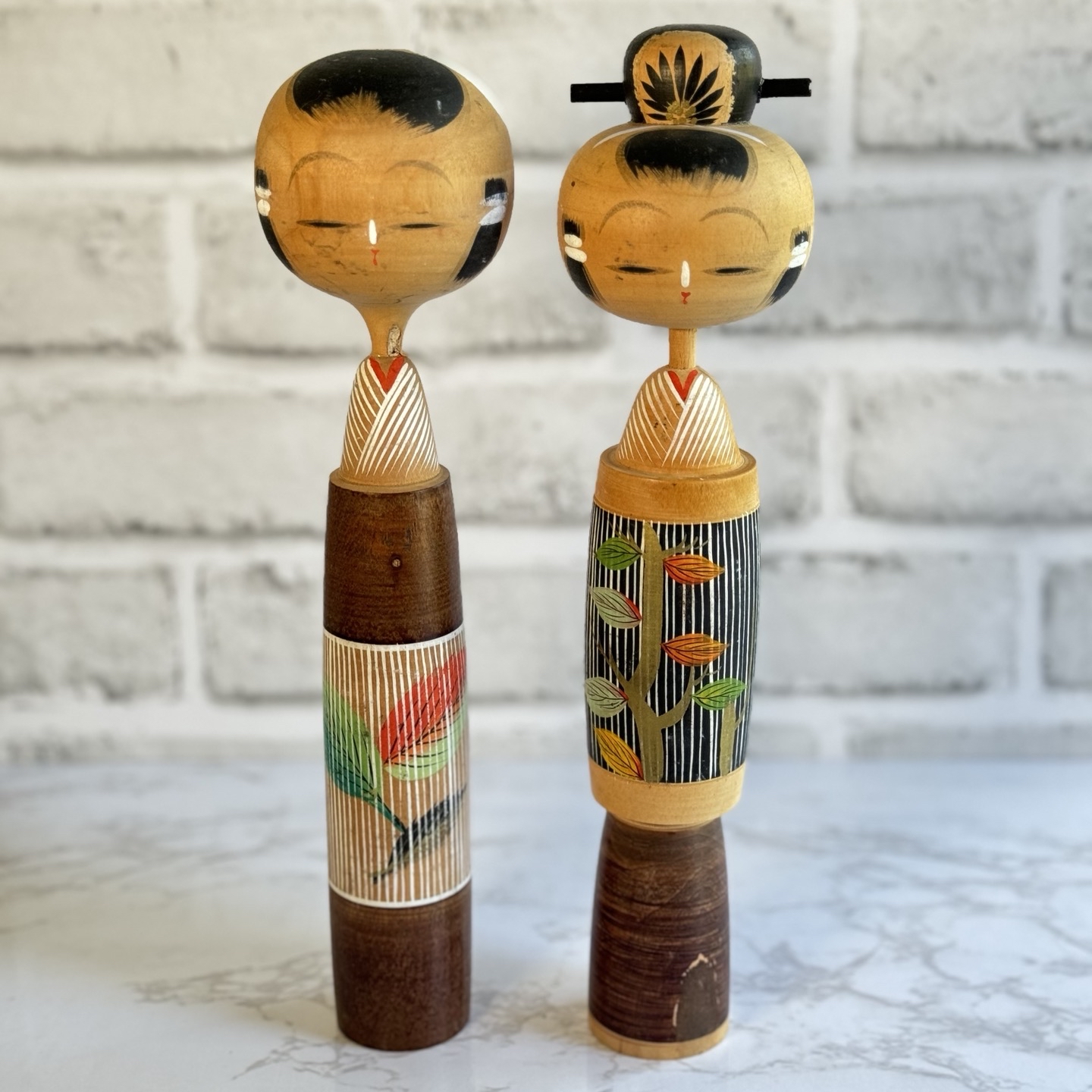 Pair Large MCM Style Kokeshi Dolls Signed About 10.5” Tall Painted Wood ...