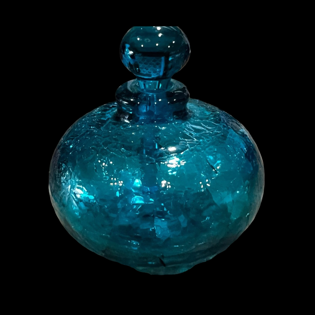 #08 -Blue Crackle Glass Perfume Bottle 2.75”x2.5”