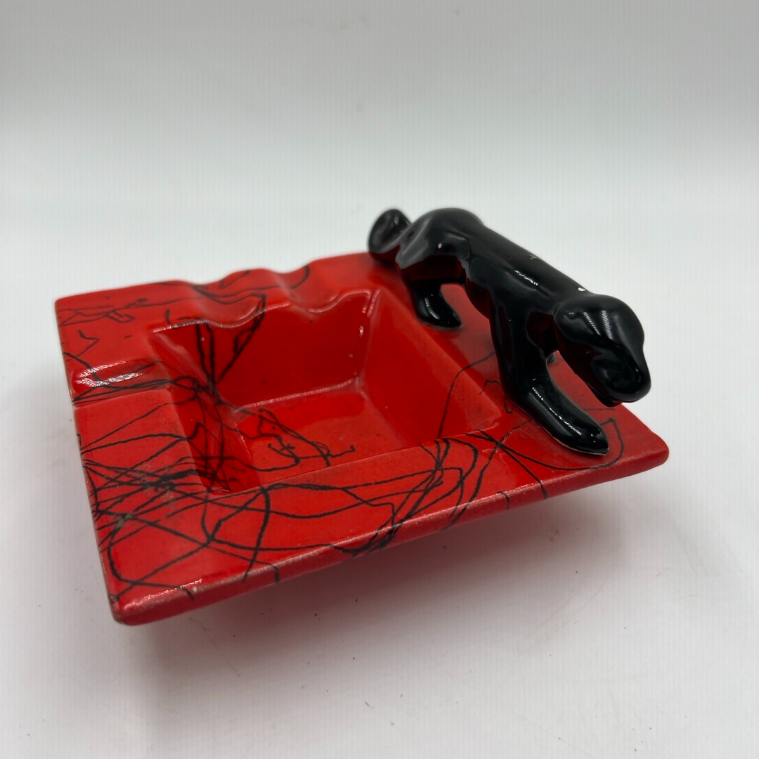 142 Vtg 50s Panther Ashtray Bright Red Marked California 5" Sq.
