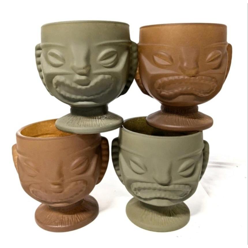 4 Vintage Tiki-Style Two-Faced Frosted Glass Goblets
