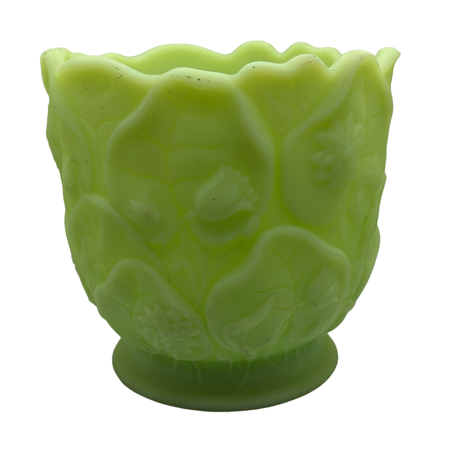 Vintage Fenton Green Custard Satin Glass Water Lilly Jardiniere/Planter ...