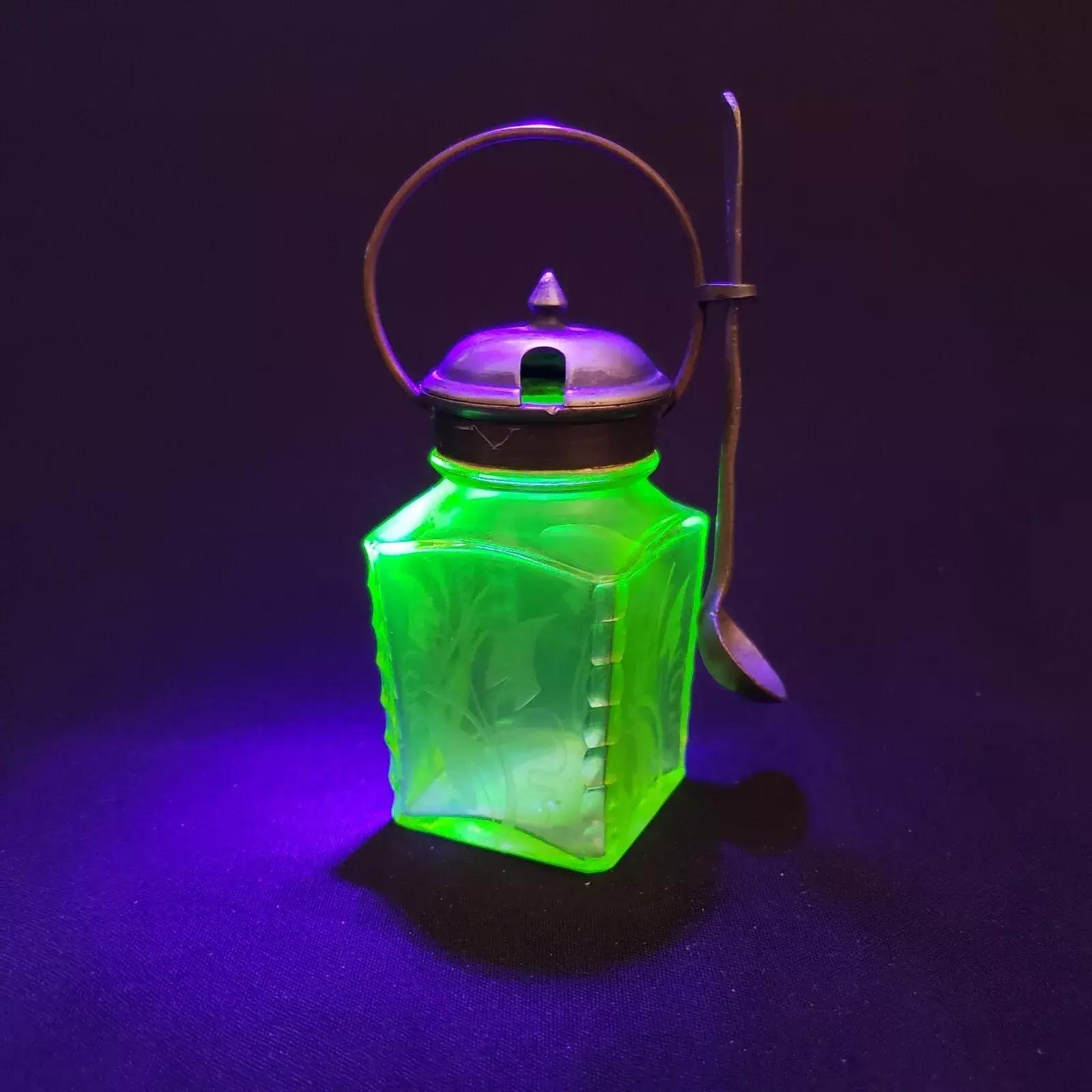 Uranium Etched Glass Hinged Lid Mustard Jar with spoon 4½" Glowy Vintage
