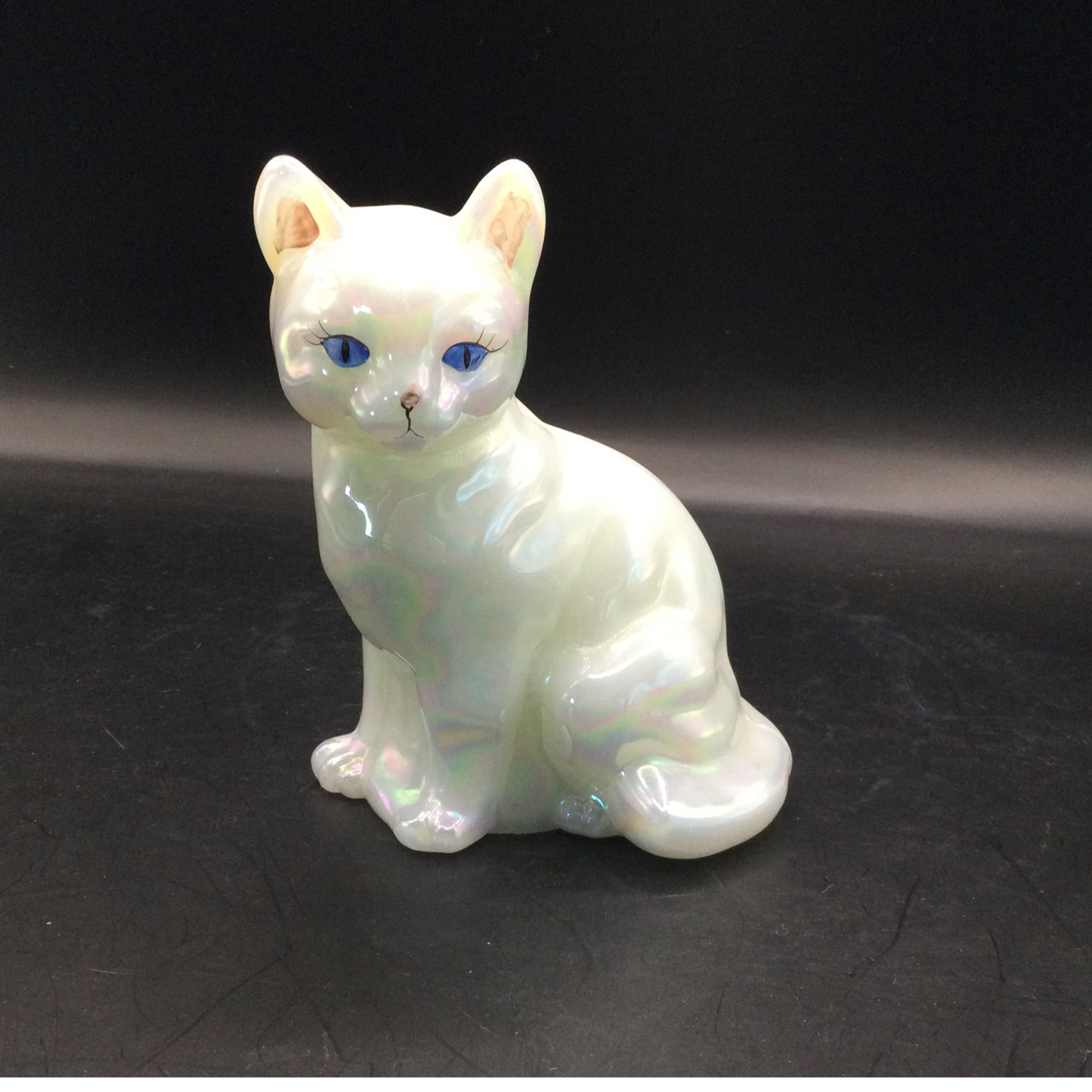 Fenton White Iridescent Sitting Cat - SIGNED