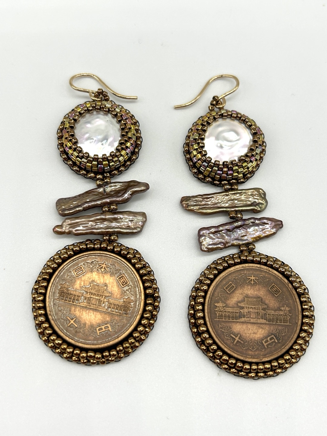 Bead Embroidered Pearl Antique Coin Earrings Hand Beaded, Biwa Pearl ...