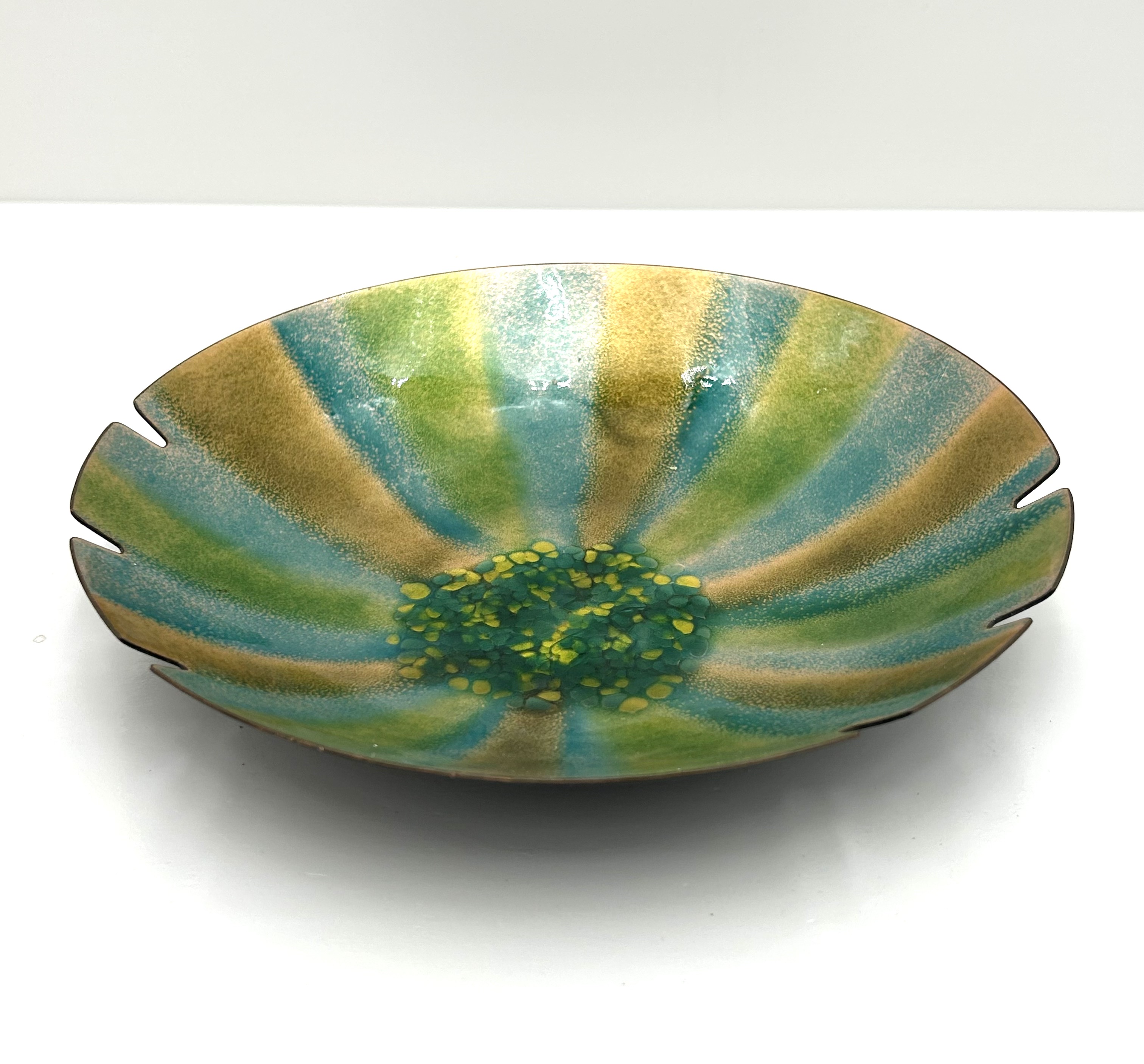 Enamel on Copper Bovano of Cheshire Gold, Green and Blue Tones Bowl