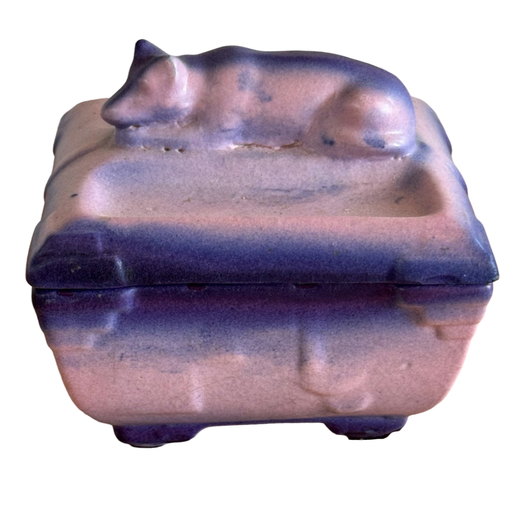 ART DECO RAMSES POTTERY 1920S GERMANY Dog COVERED DISH PINK PURPLE VINTAGE