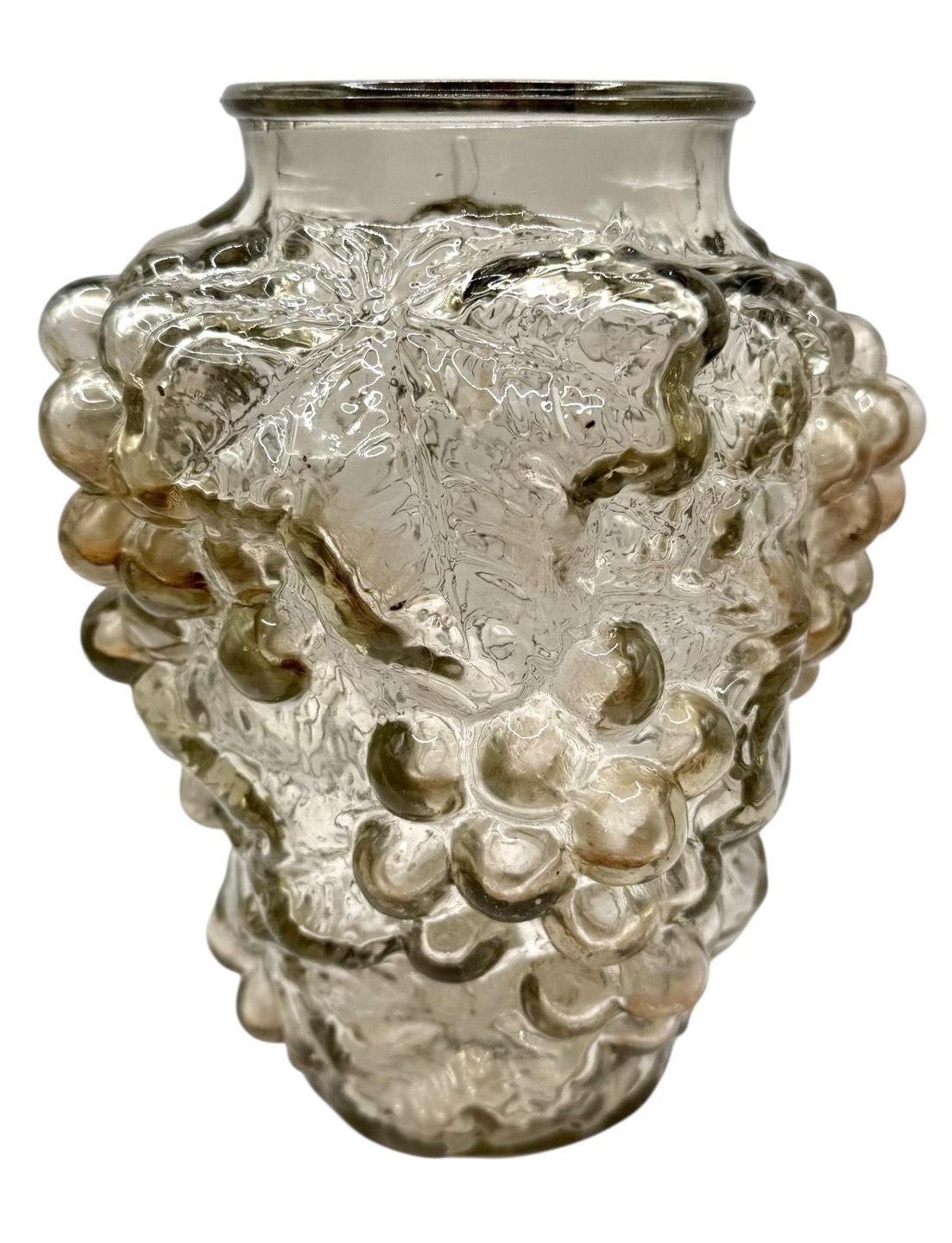 Antique Pressed Glass Vase Grape Pattern Smoky Gray Goofus 7”