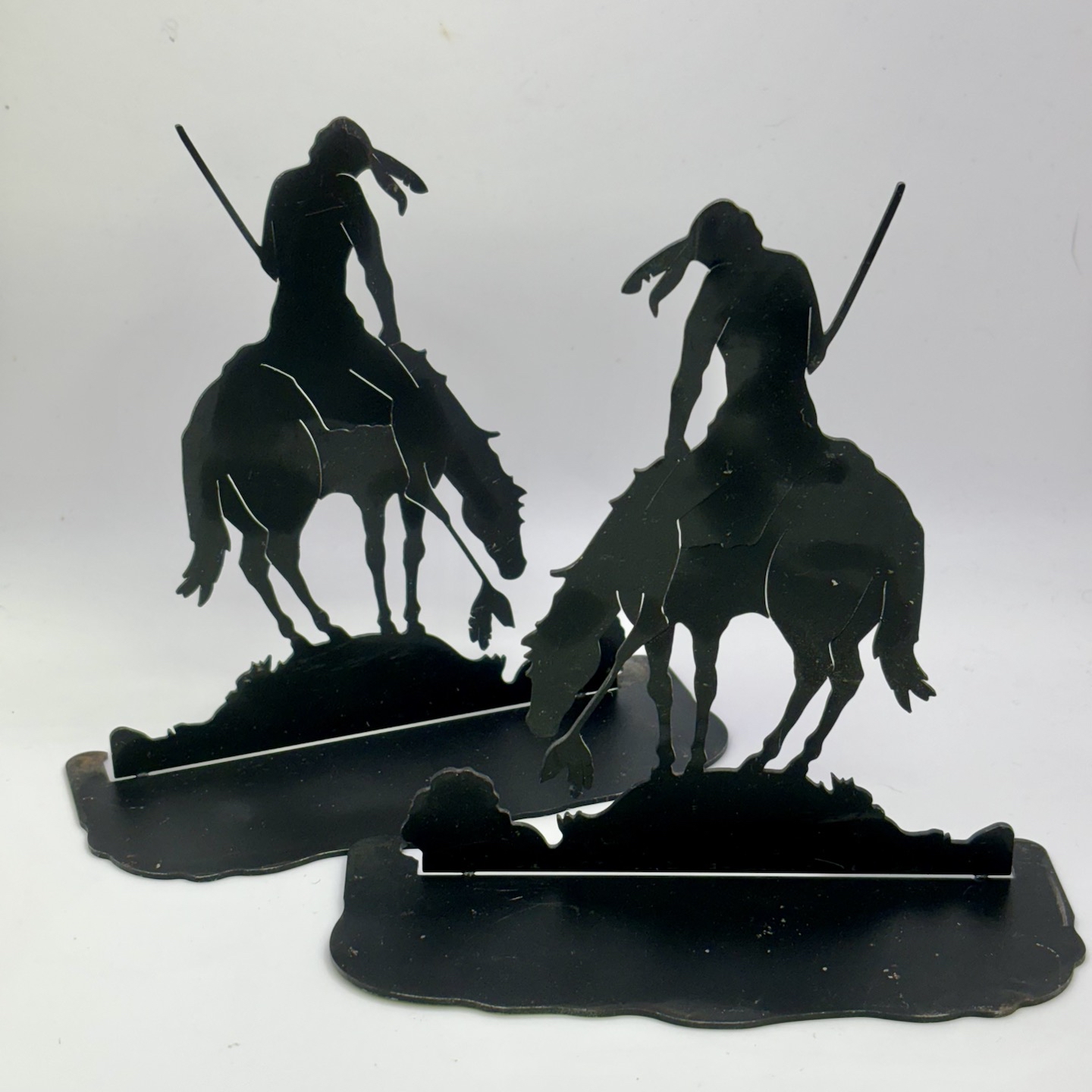 Native American On Horseback Western Indigenous Black Metal Bookends 6”