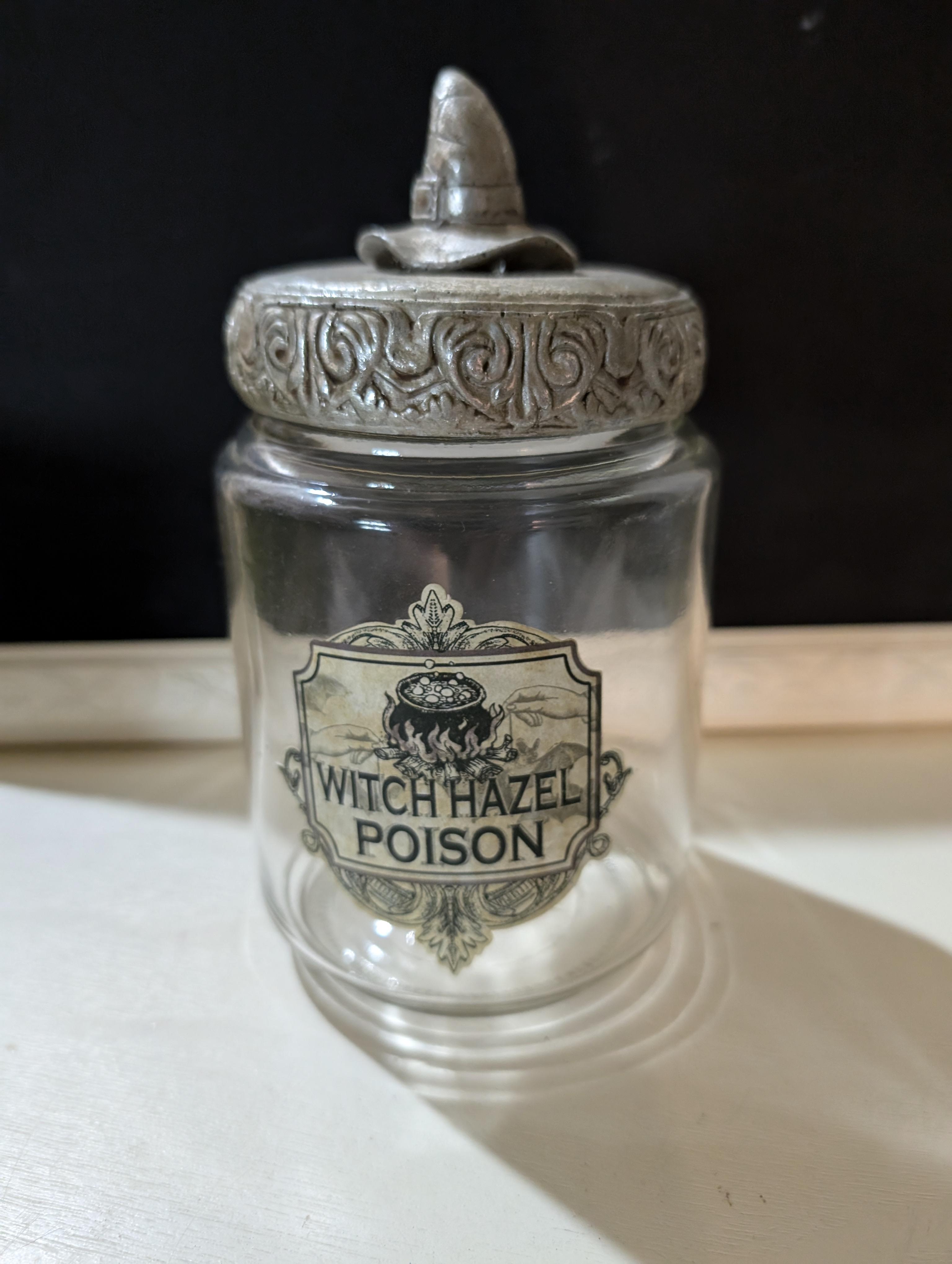Vintage Witch Hazel Poison Jar with Pewter Witch Hat Lid