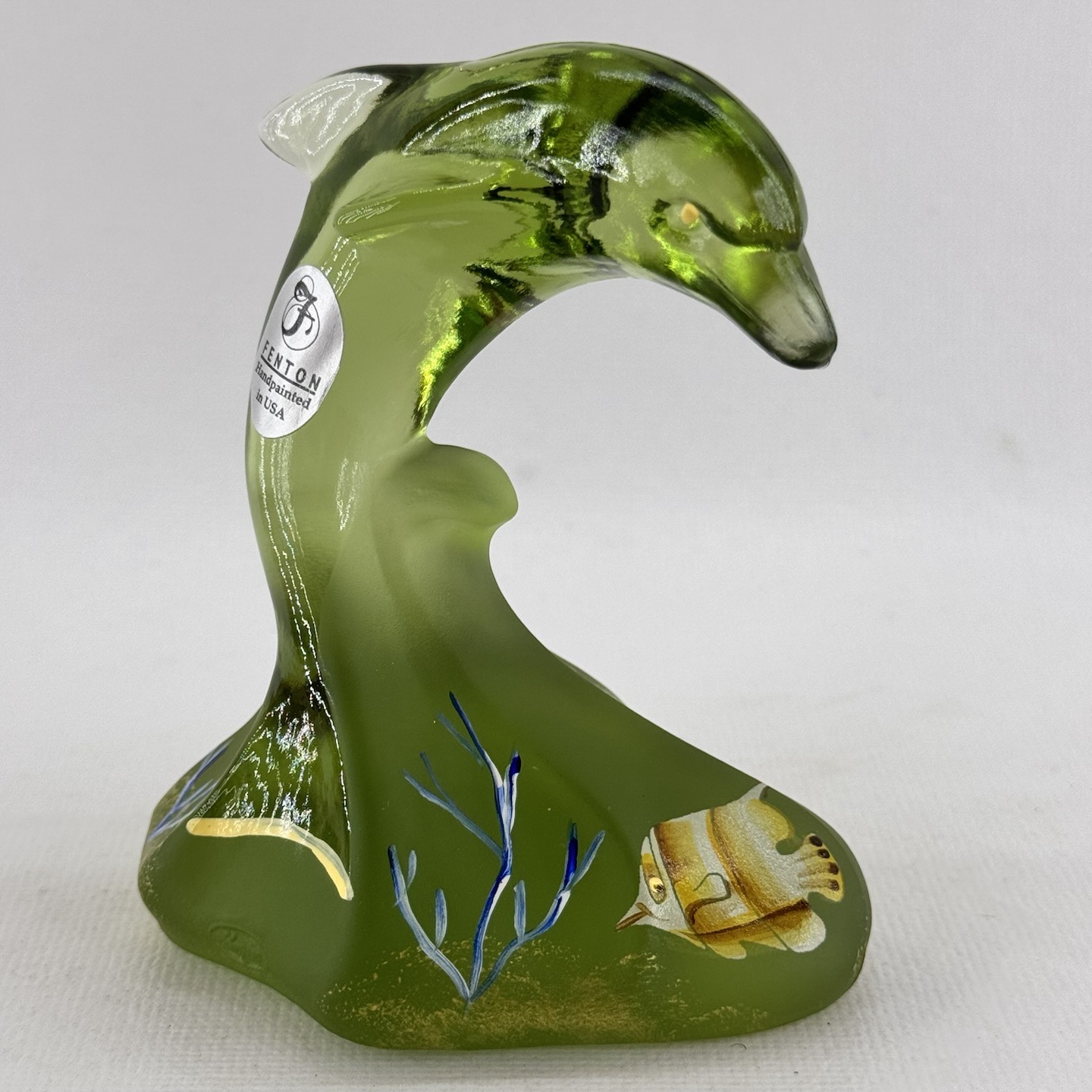 Fenton Hand Painted Green Glass Dolphin On Wave Limited Edition #644 Signed