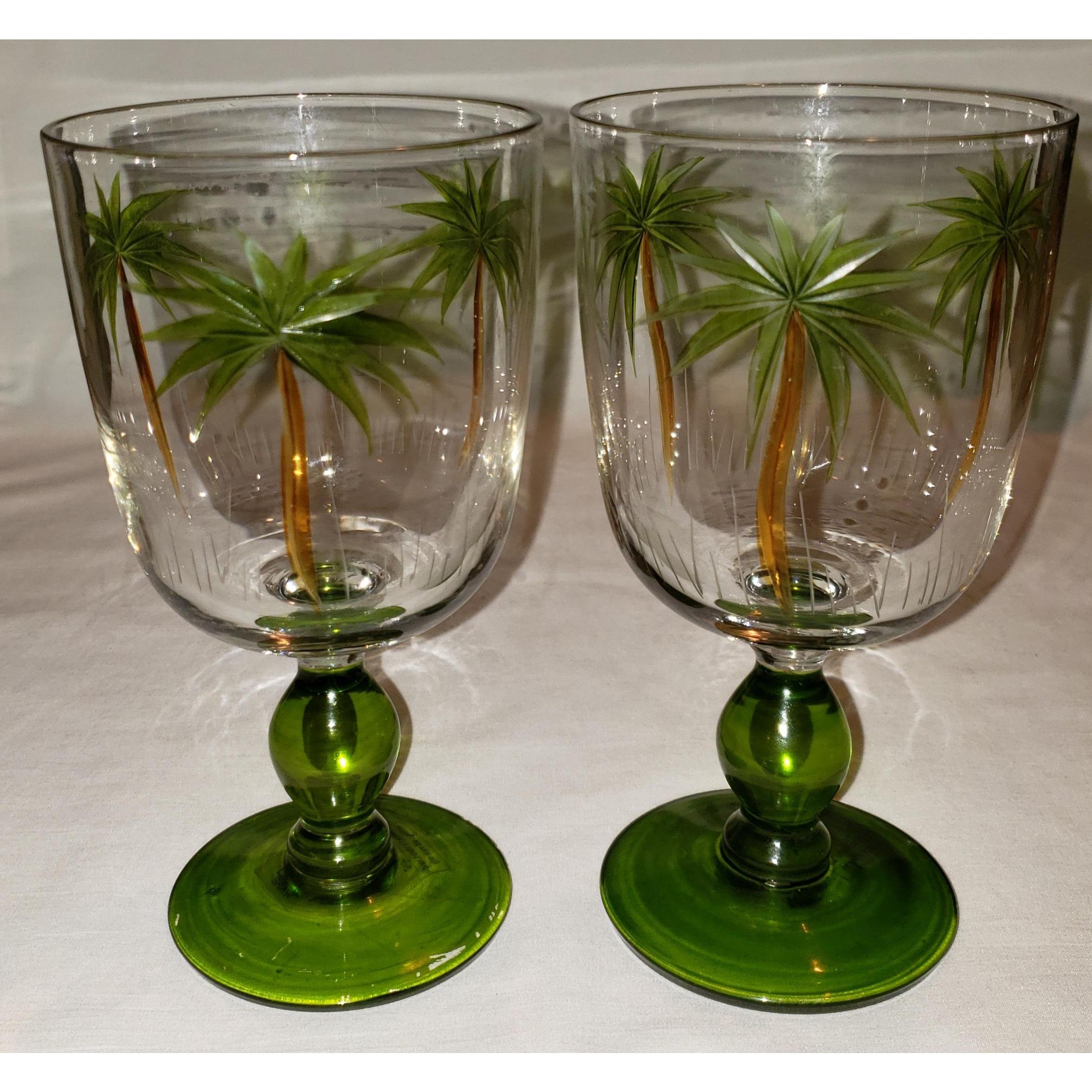 Vintage Gates Ware Palm Tree Glasses Goblets Wine Laurie Gates Etched ...