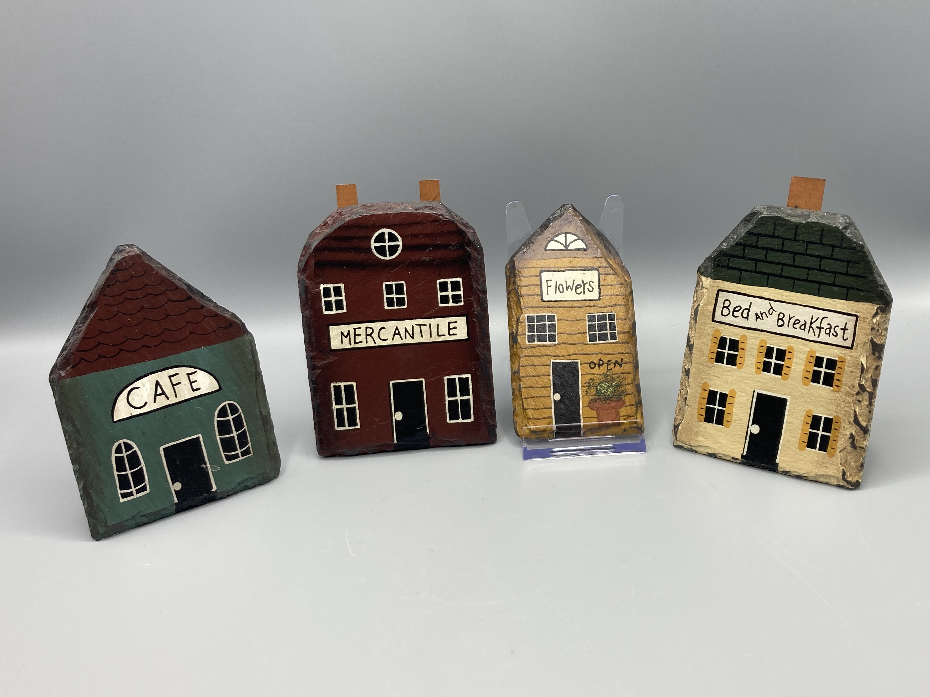 Hand Painted Slate Houses - Set of 4 - Cafe, Merchantile, Flowers, and ...