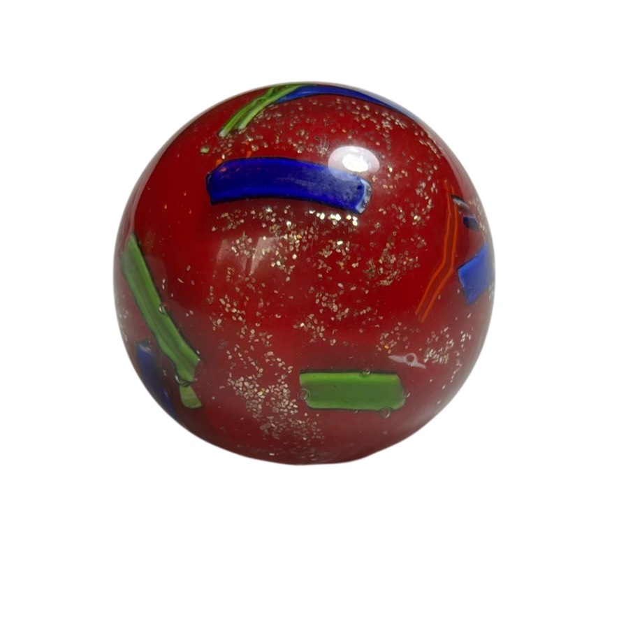 Large Art Glass Paperweight - Red, Gold Glitter, Blue & Green - 4”
