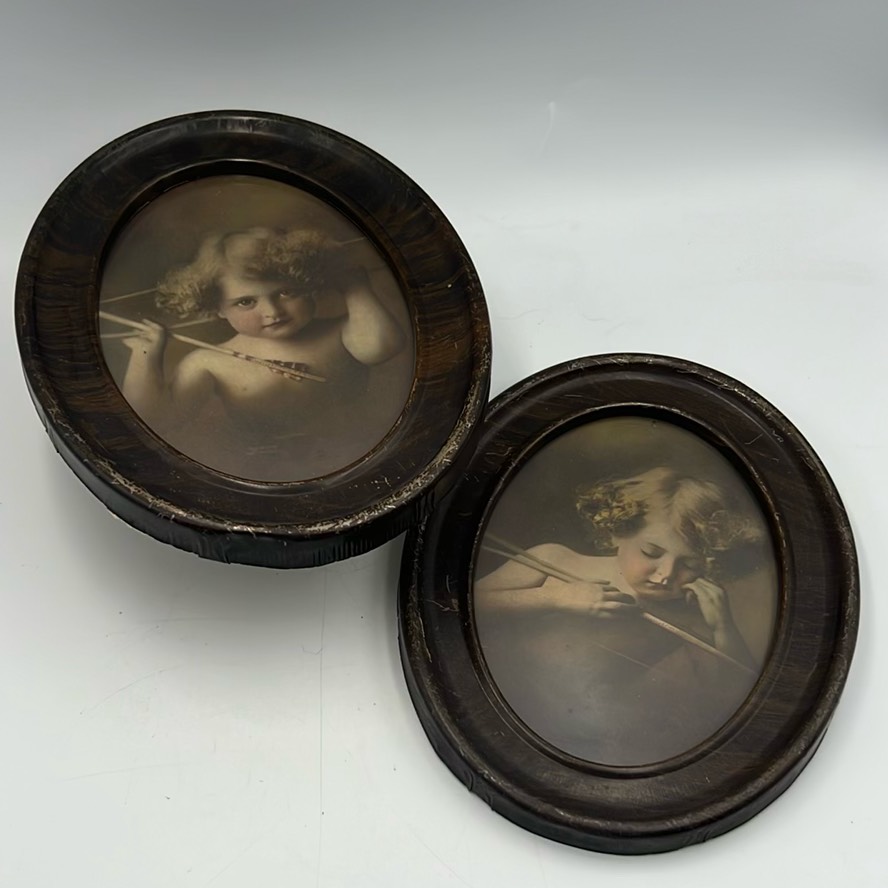 Antique Cupid Asleep & Cupid Awake Oval Framed Photos 1897 8.75x6.75